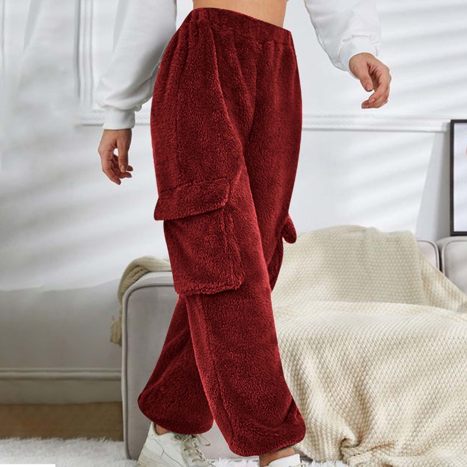 Axiiglly Fuzzy Pajama Pants for Women Solid Color Cargo Pants Elastic ...