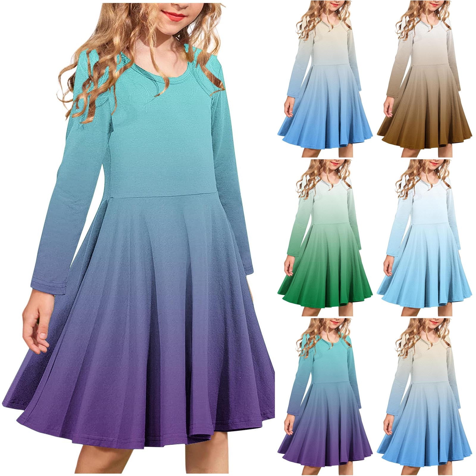 Axiiglly Girls Clothes Gradient Color Girl Dress Long Sleeve Crew Neck ...