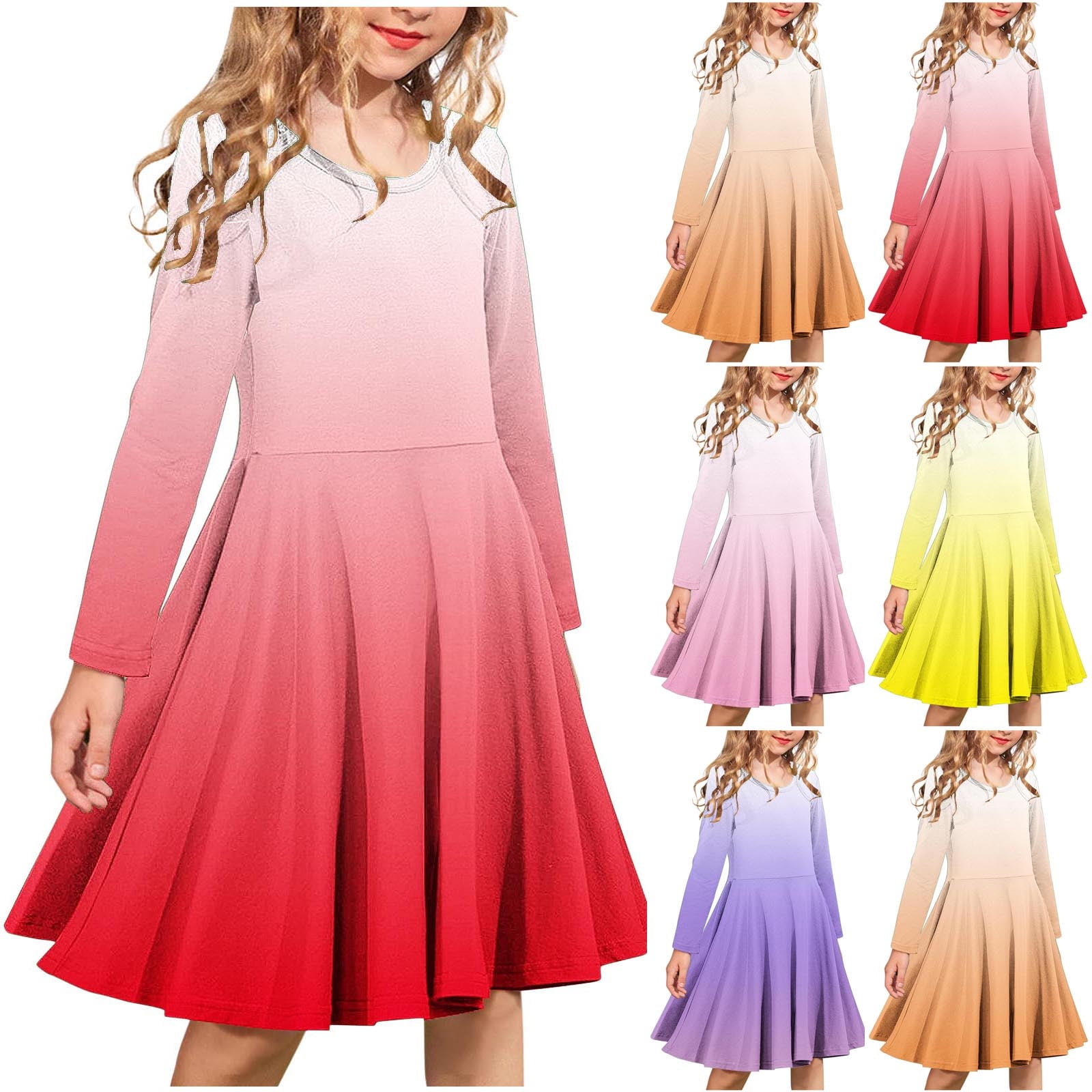 Axiiglly Girls Clothes Gradient Color Girl Dress Long Sleeve Crew Neck ...
