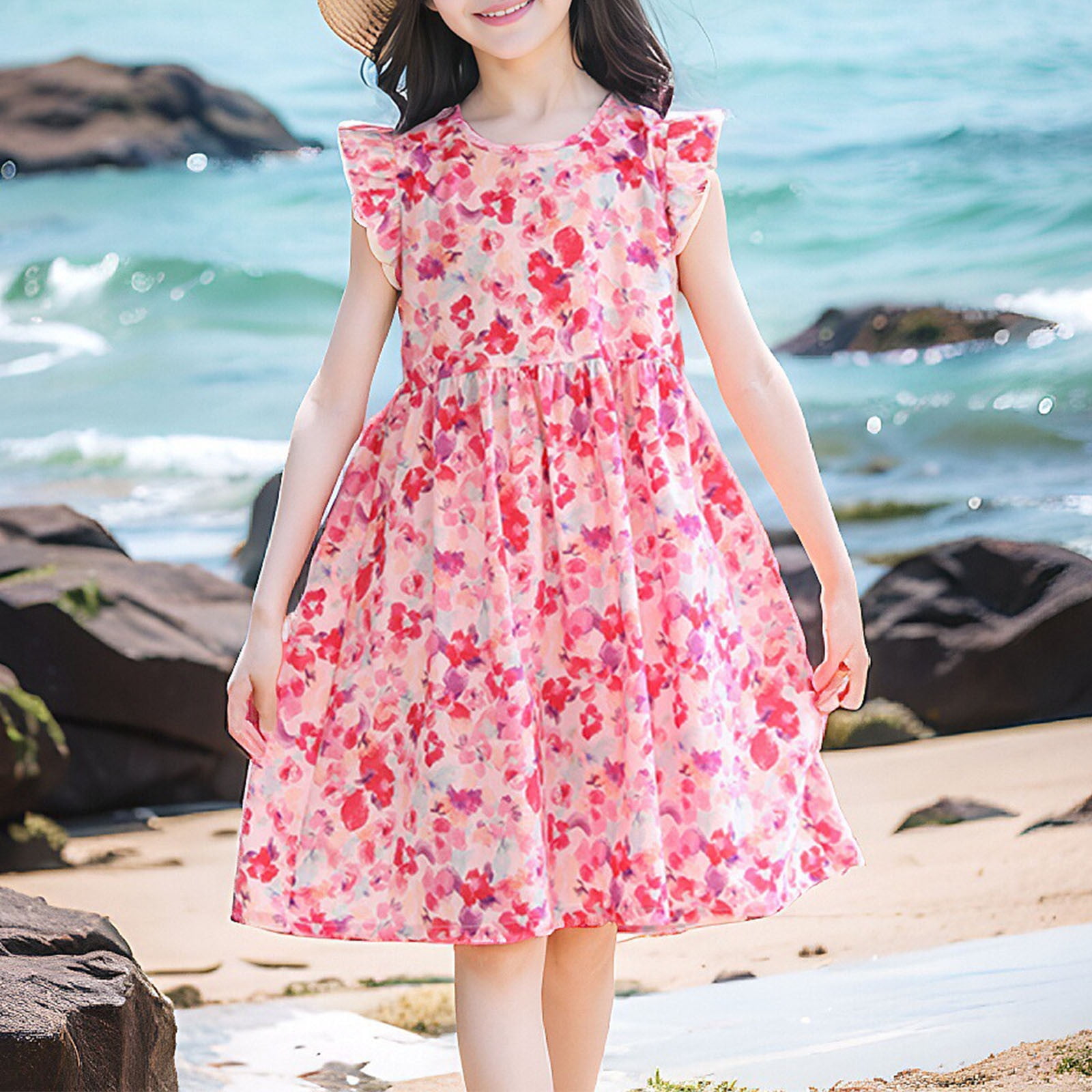 Axiiglly Girls Dresses Casual Summer Boho Girls Beach Dress Floral ...
