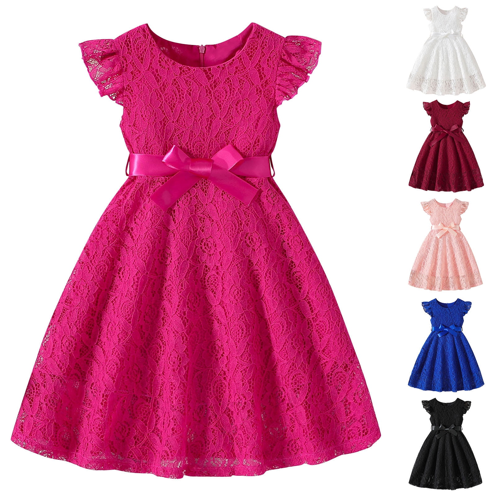 Axiiglly Girls Dresses Solid Color Lace Dresses Ruffle Sleeve Midi ...