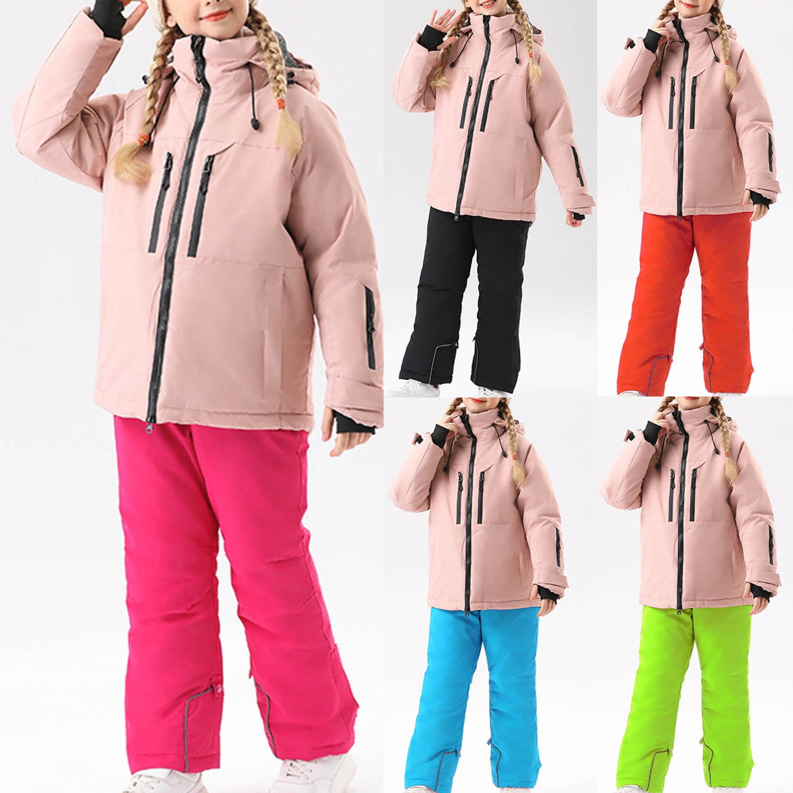 Axiiglly Kids Snow Suit Solid Color Hooded Jacket Elastic Waist Pant ...