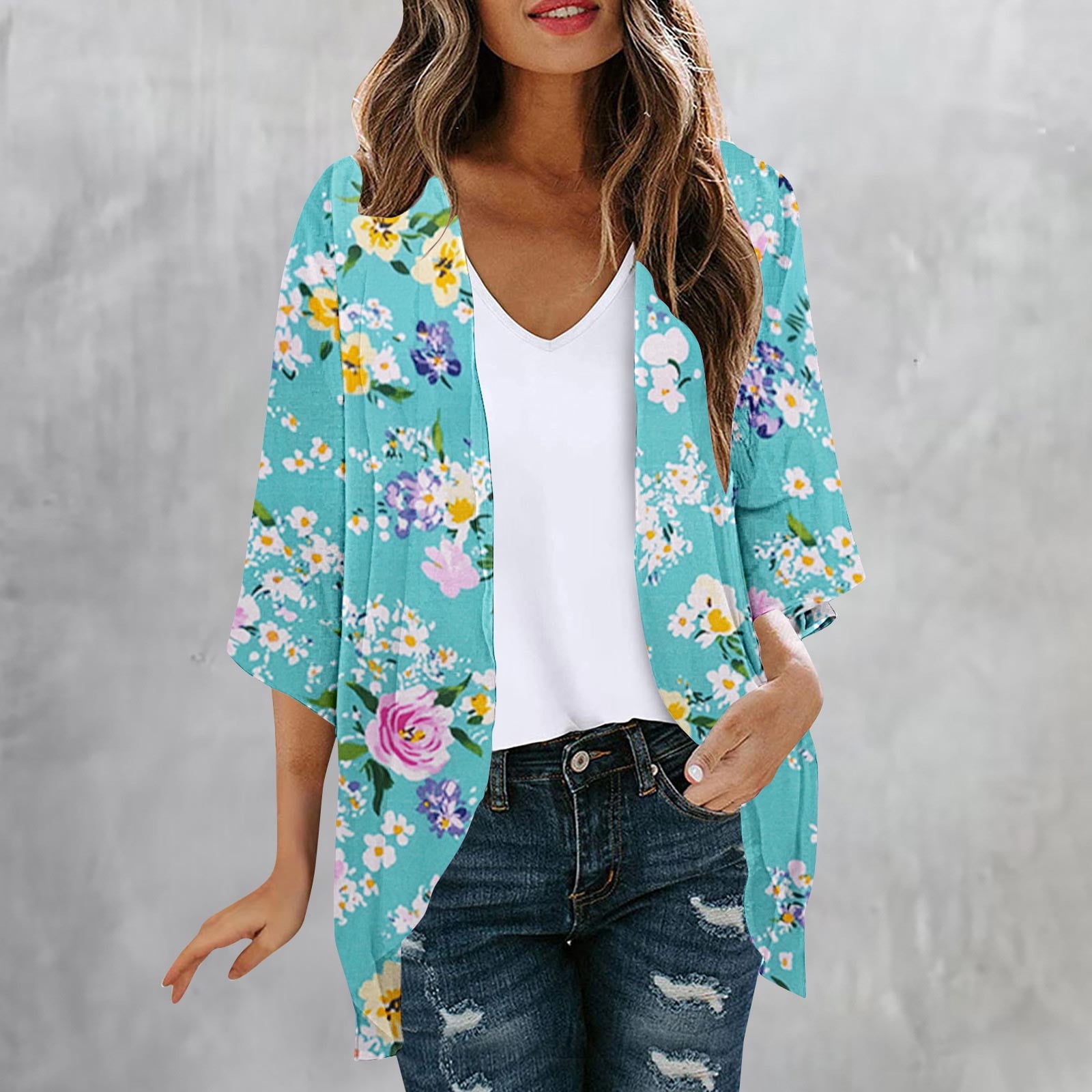 Axiiglly Kimono Cardigans for Women 3/4 Sleeve Chiffon Boho Flowy ...