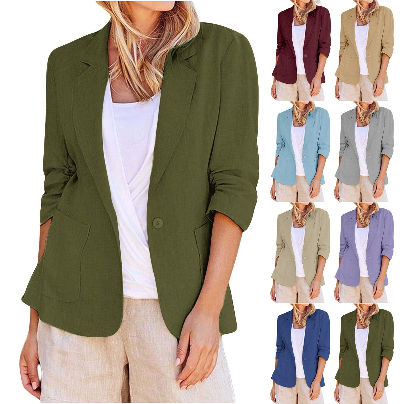 Axiiglly Linen Blazers for Women Notch Lapel Dressy Jacket 3/4 Sleeve ...