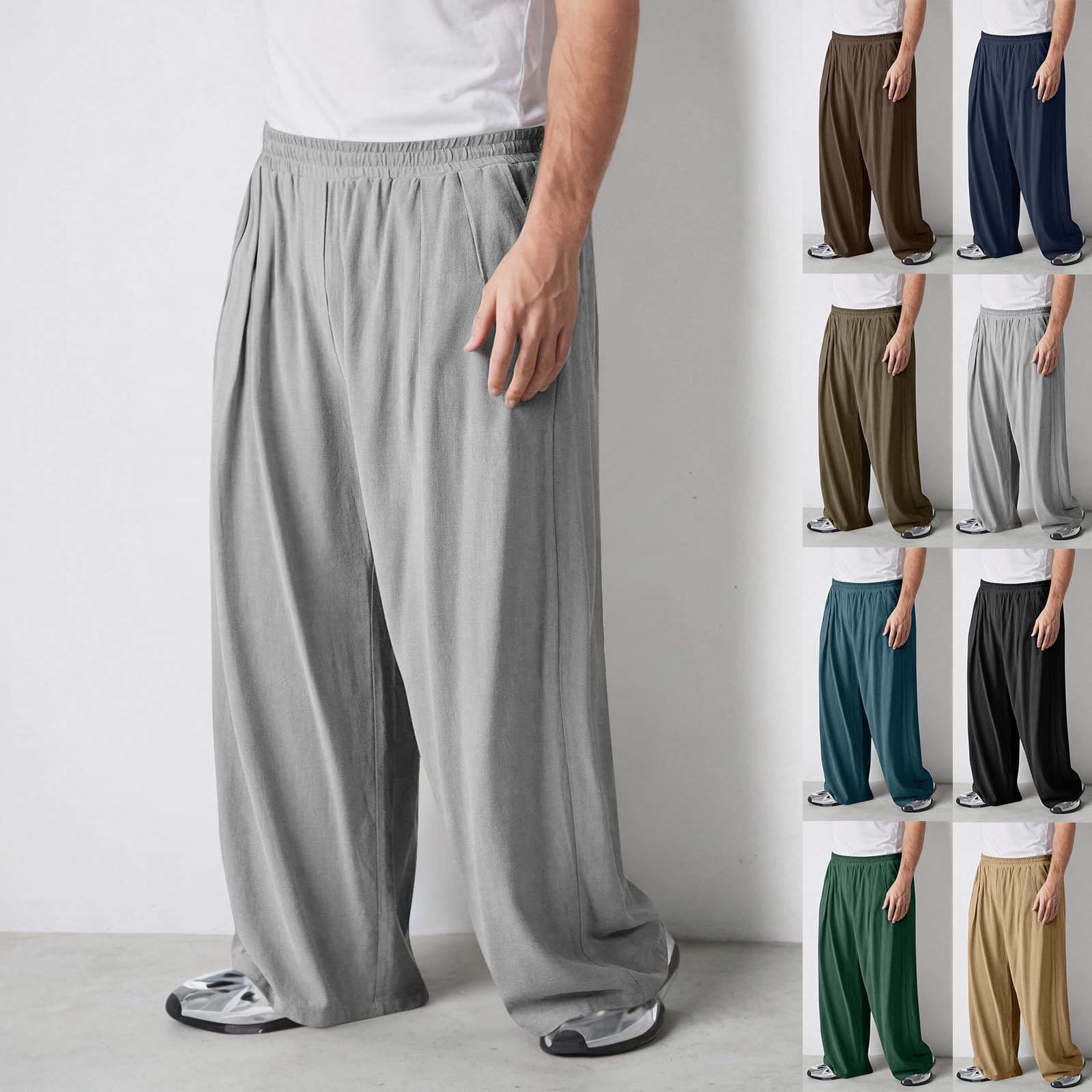 Axiiglly Linen Pants Men Casual Elastic Waist Pants Soft Loose Cotton ...