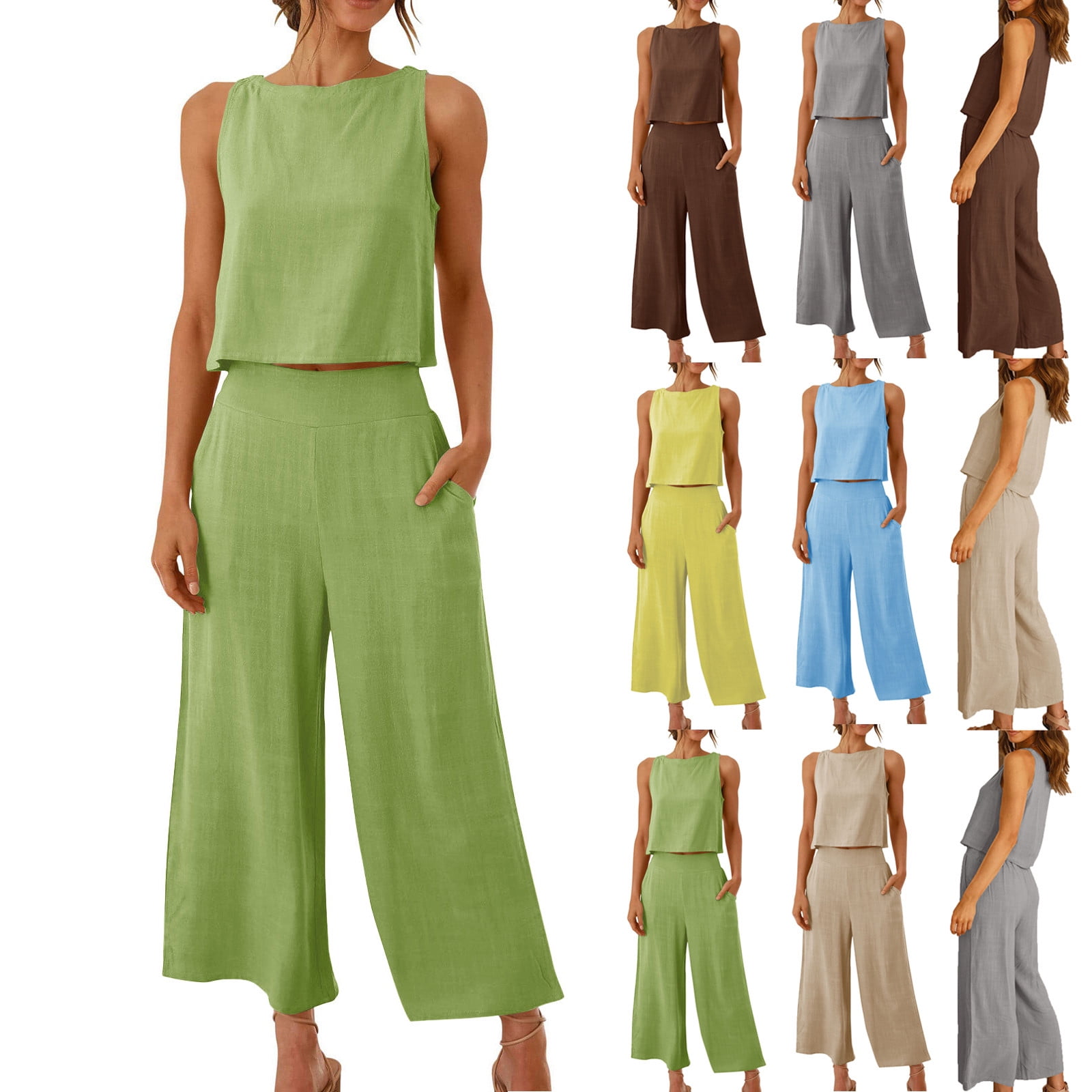 Axiiglly Linen Sets for Women 2 Piece Solid Color Tank Tops Wide Leg ...