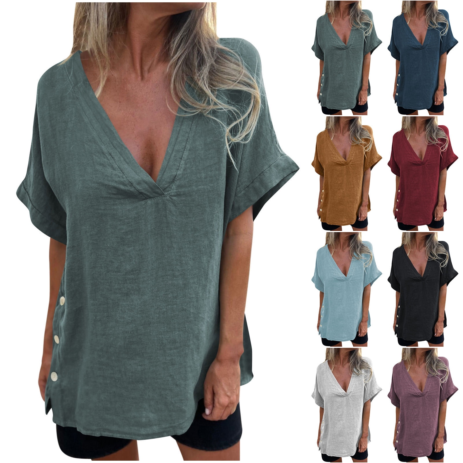 Axiiglly Linen Shirts for Women Deep V Neck Casual Shirts Short Sleeve ...