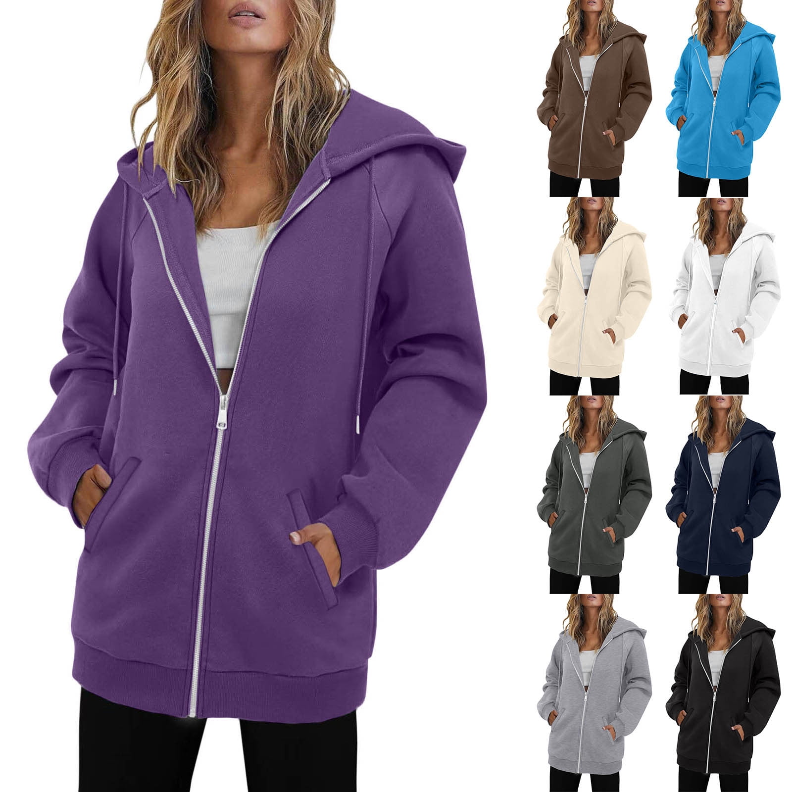 Horkkom Long Hoodies for Women Solid Color Long Sleeve Zip Up Hoodie ...