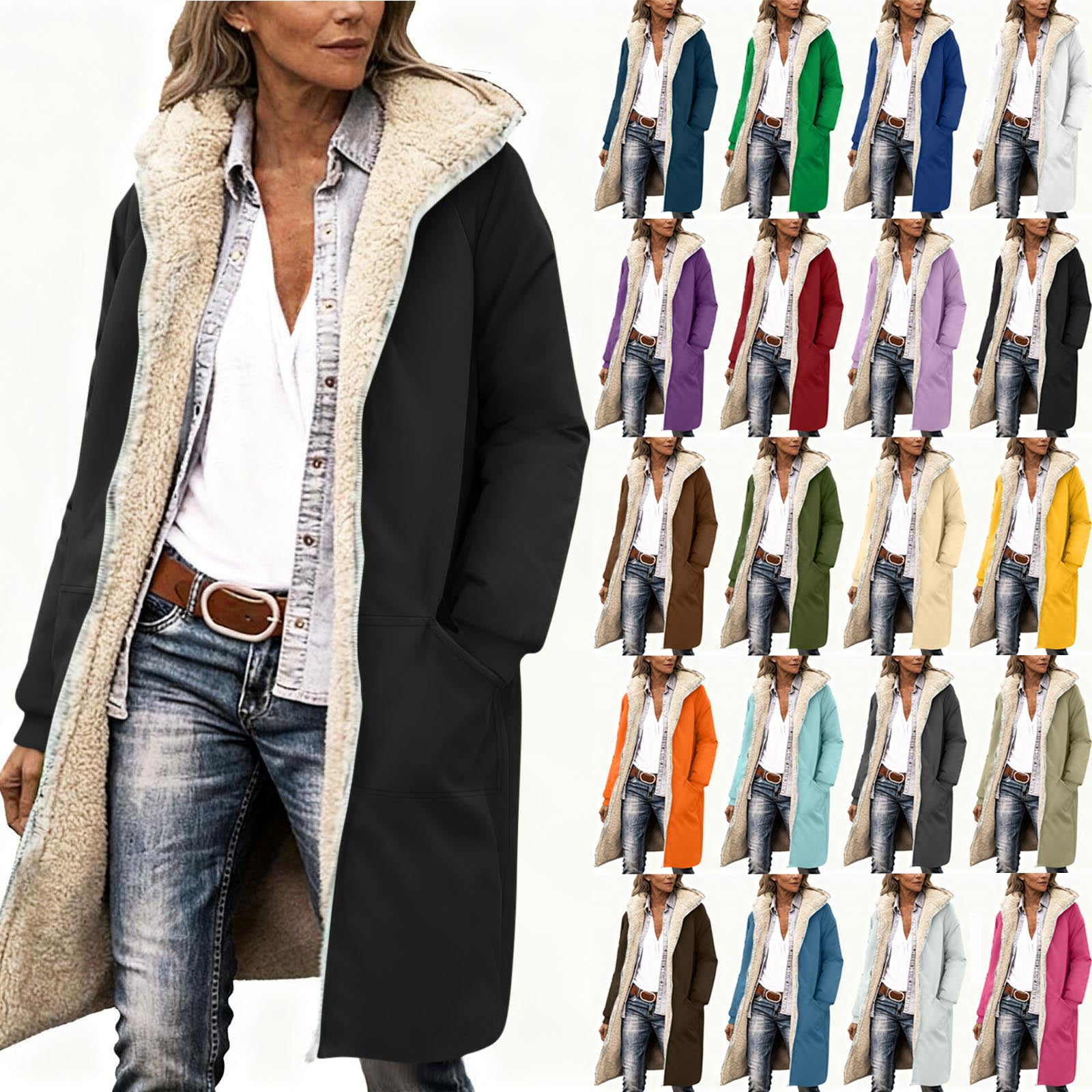 Axiiglly Long Winter Coats for Women Fleece Zip Up Jackets with Pockets ...