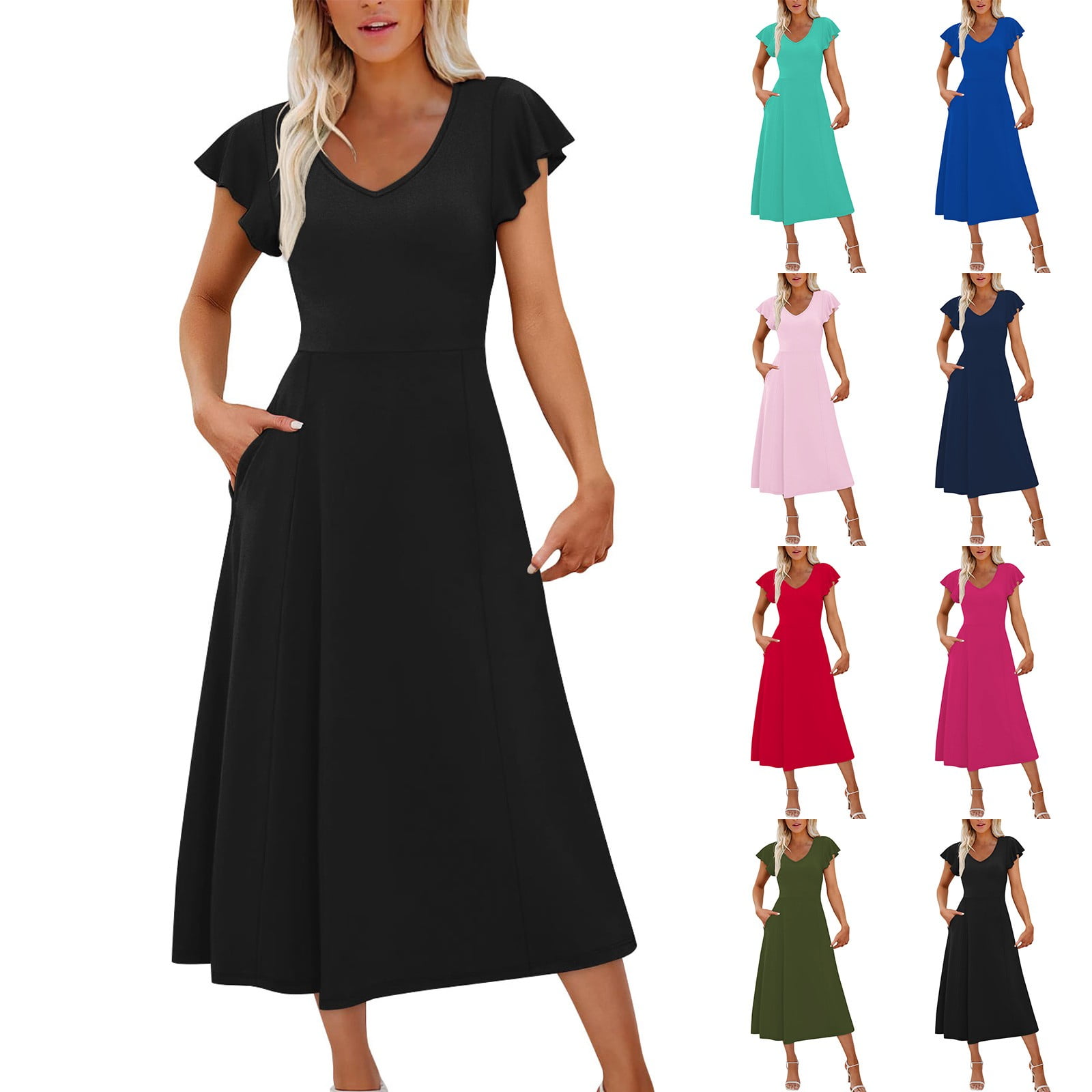 Axiiglly Maxi Dresses for Women Summer V Neck Short Sleeve A Line ...