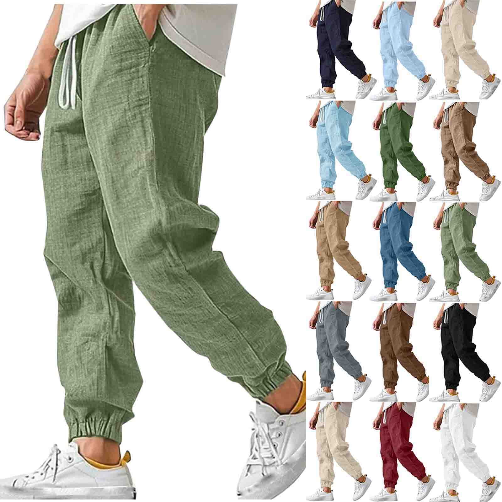 Axiiglly Mens Cotton Linen Pants, Drawstring Waist Lightweight Joggers ...