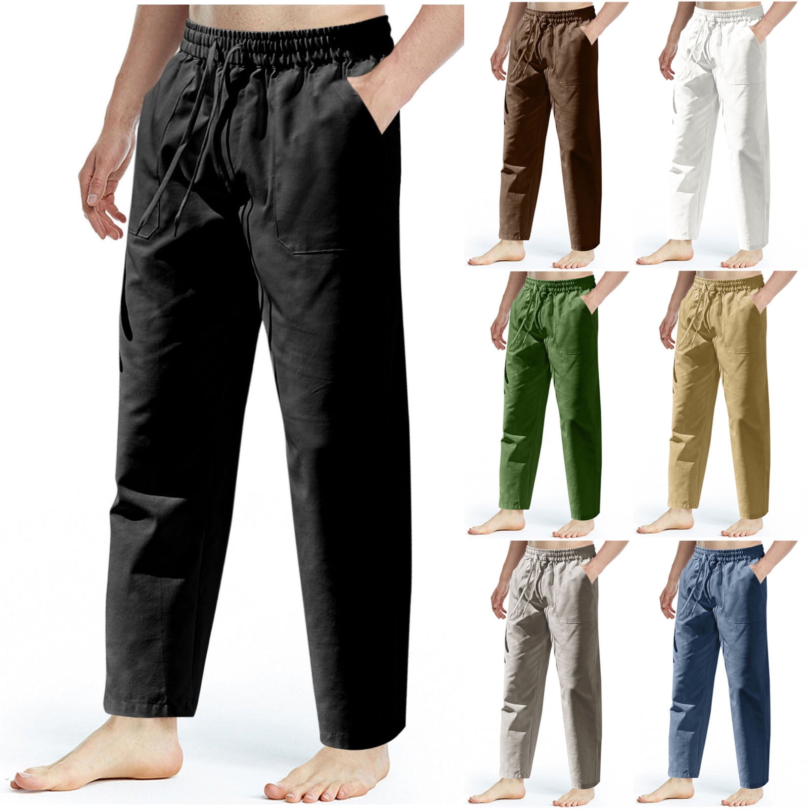 Axiiglly Mens Linen Pants Plus Size Casual Pants Lightweight Drawstring ...