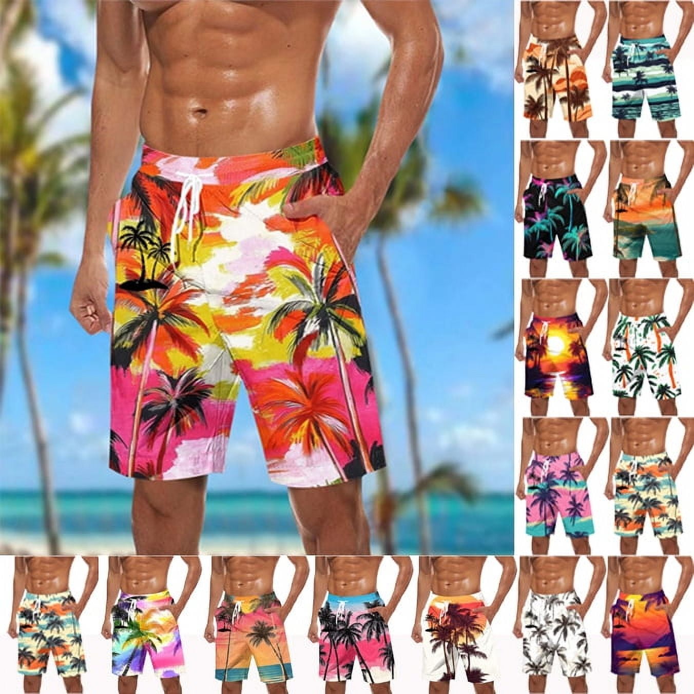 Horkkom Mens Swim Trunks Summer Drawstring Beach Shorts Vacation ...