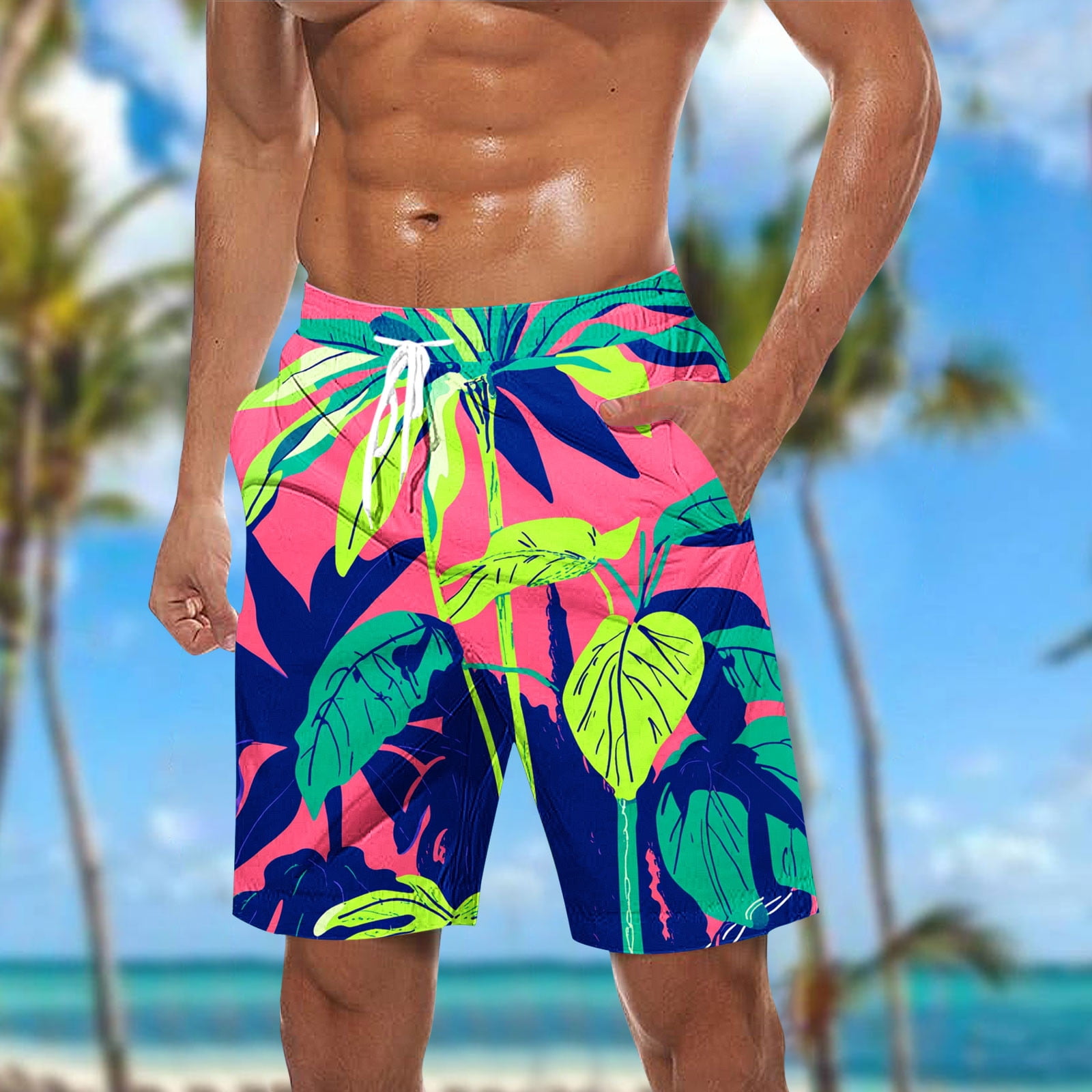 Axiiglly Mens Swim Trunks Plus Size Beach Pants Palm Print Vacation ...