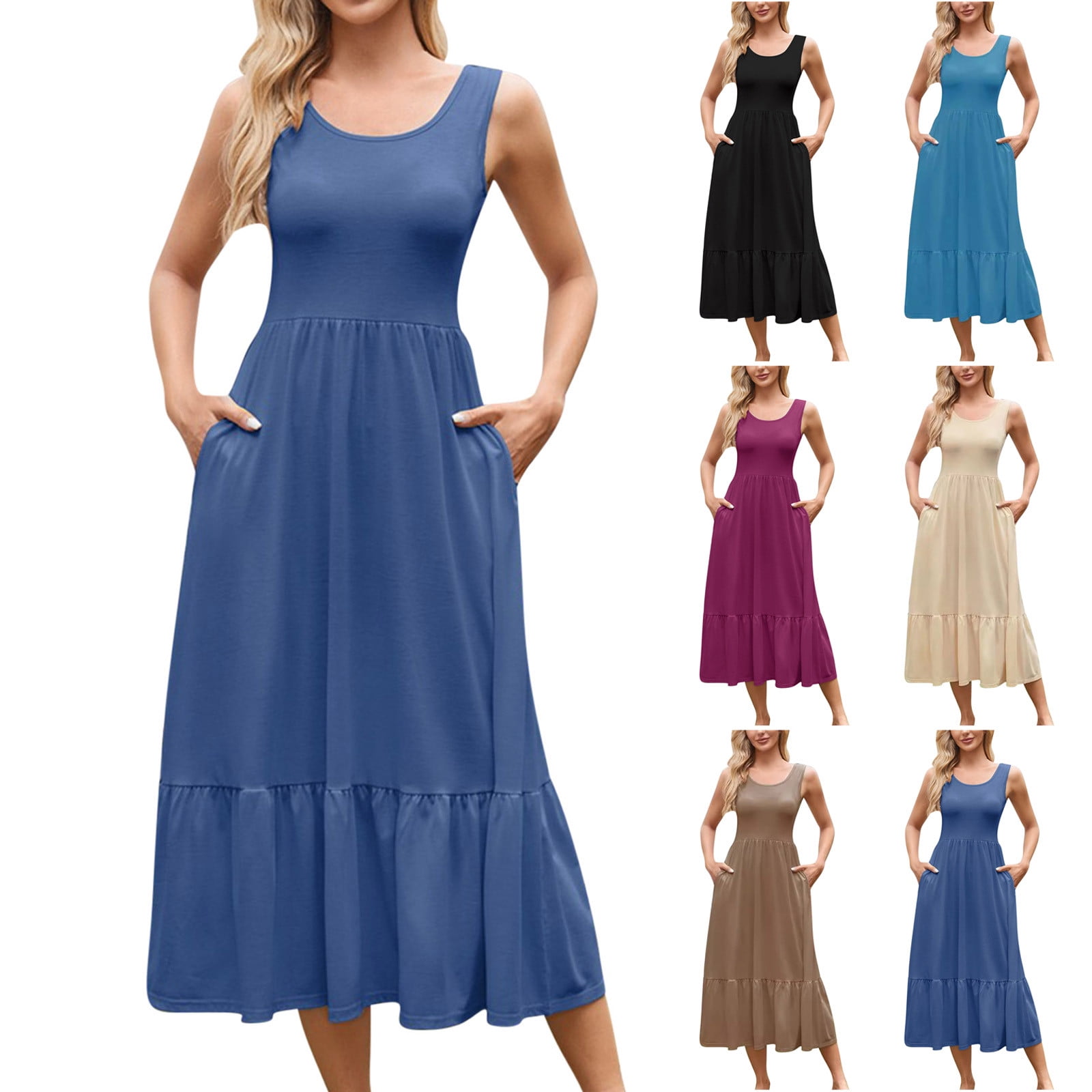 Axiiglly Midi Dresses for Women Sleeveless Ruffle Summer Dress Crew ...