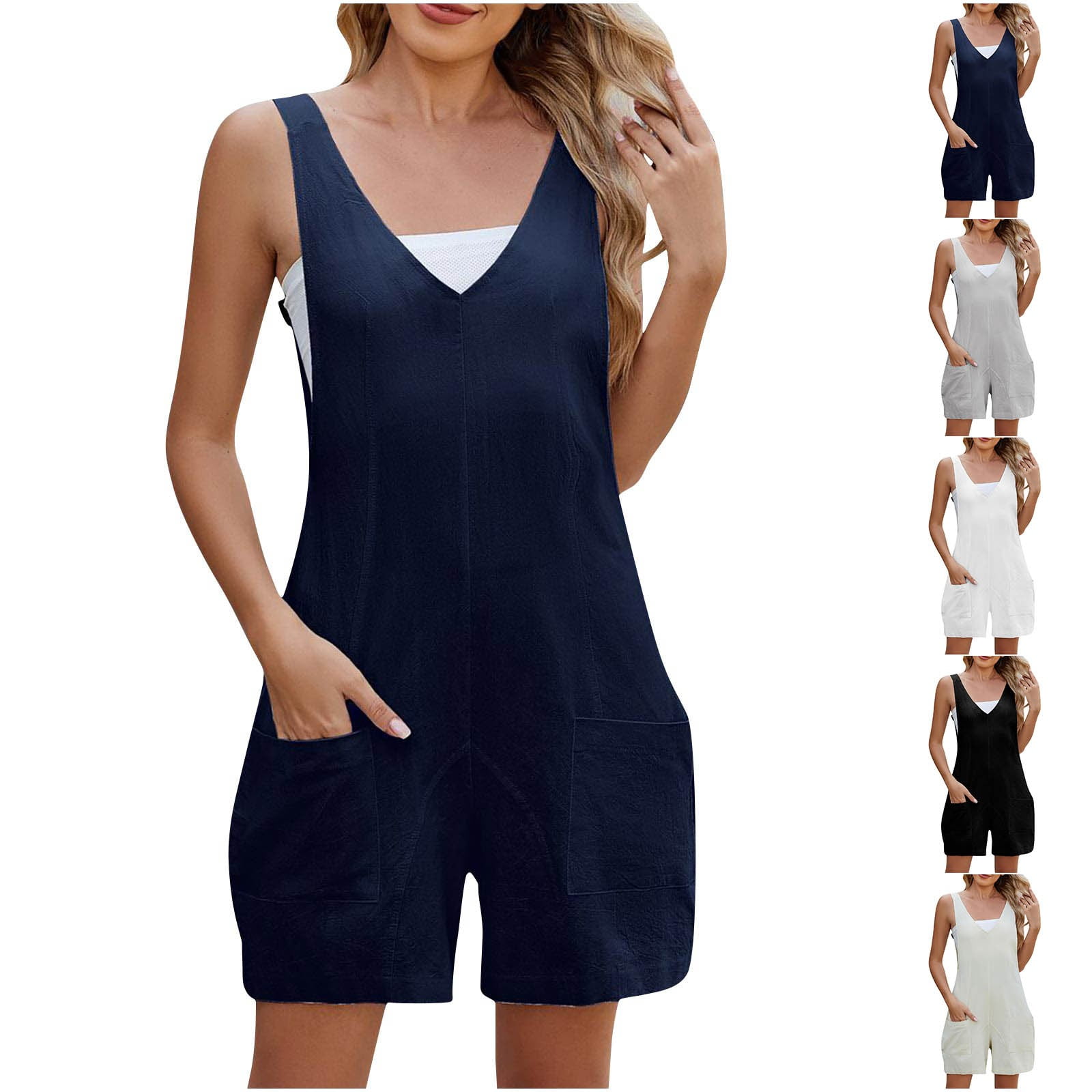 Axiiglly Overalls for Women Casual V Neck Sleeveless Overalls Loose Fit Straps Rompers with ...