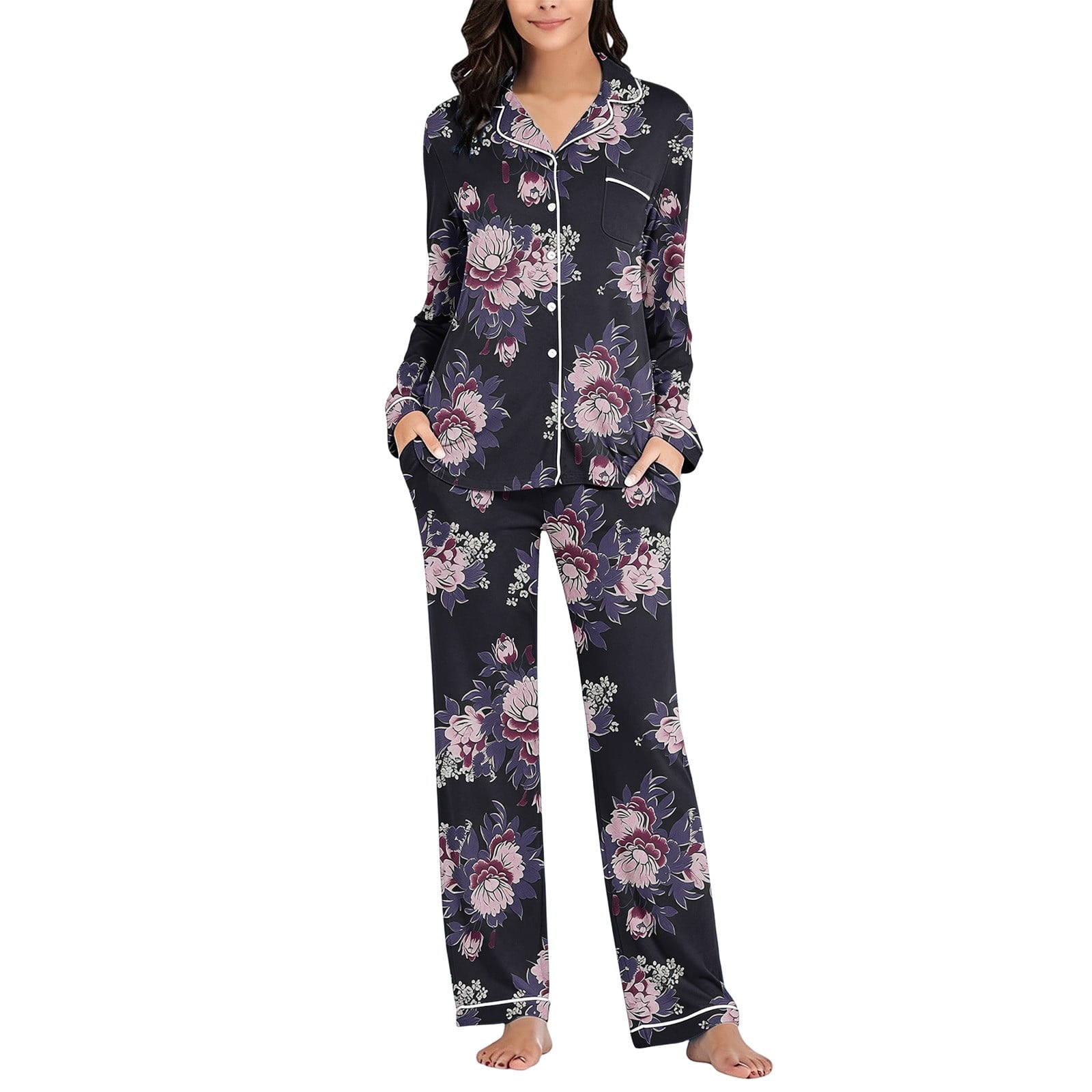 Axiiglly Pajamas for Women Set 2 Piece Sets Long Sleeve Button Down ...