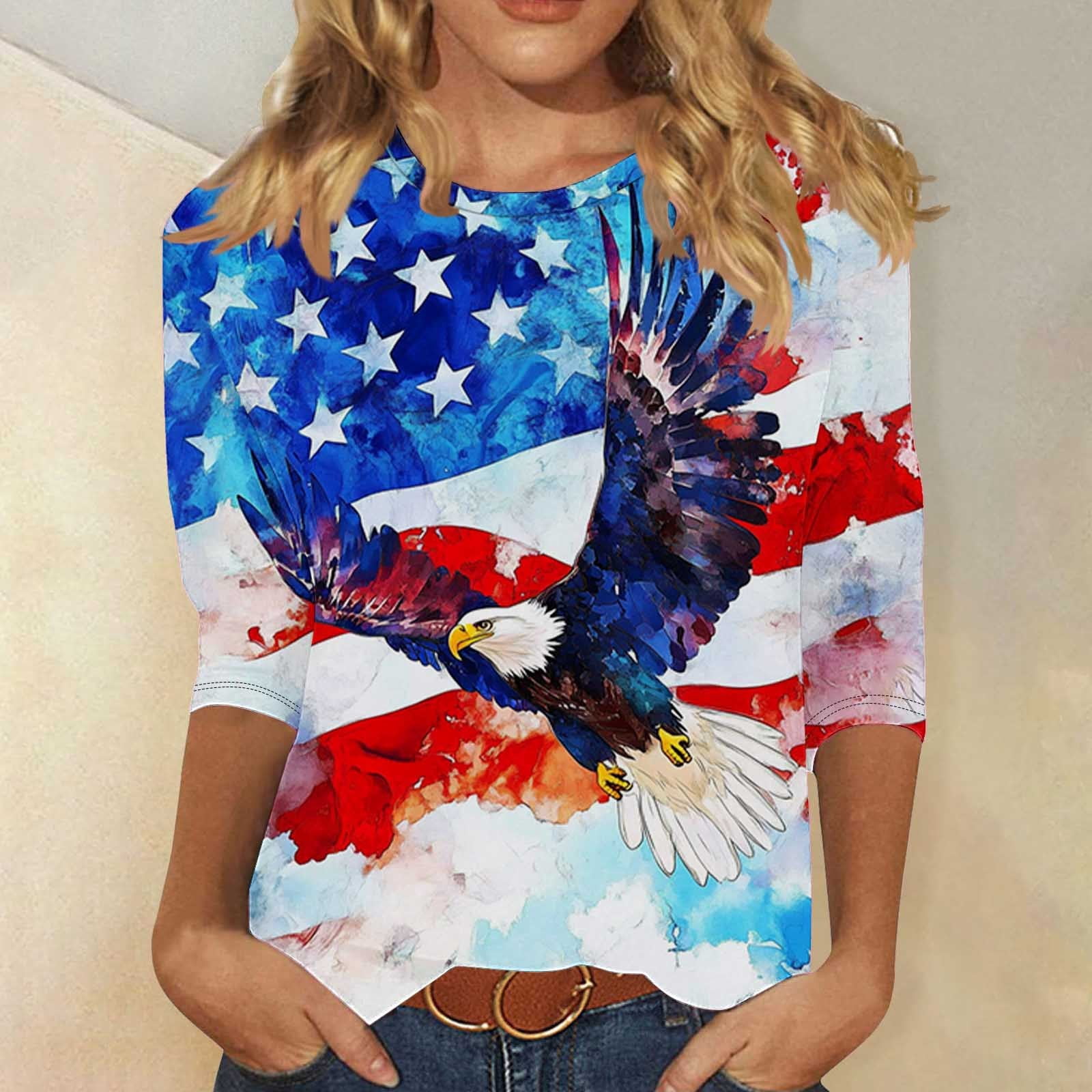Axiiglly Patriotic Shirts for Women 3/4 Sleeve USA Starts and Stripes ...