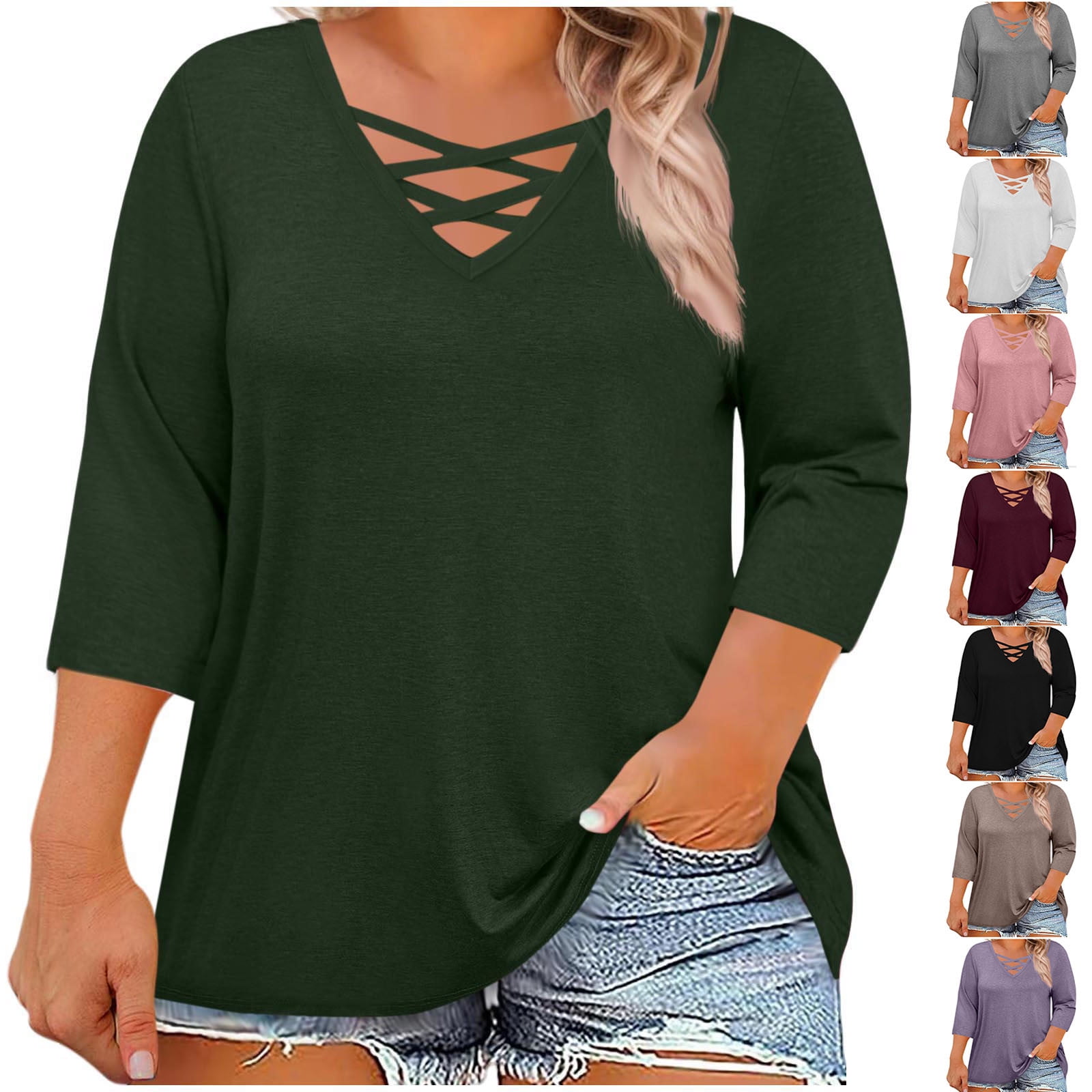 Horkkom Plus Size Tops for Women V Neck Solid Color 3/4 Length Sleeve ...