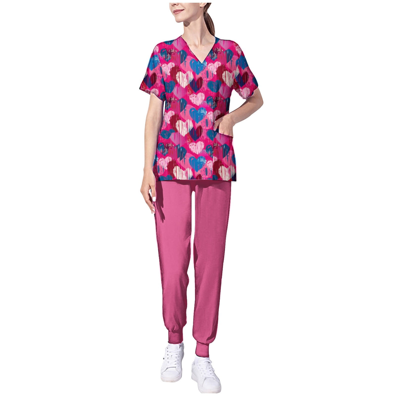 Axiiglly Scrubs for Women Set V Neck Nursing Tops Elastic Waist Uniform Pants Casual Stretch ...