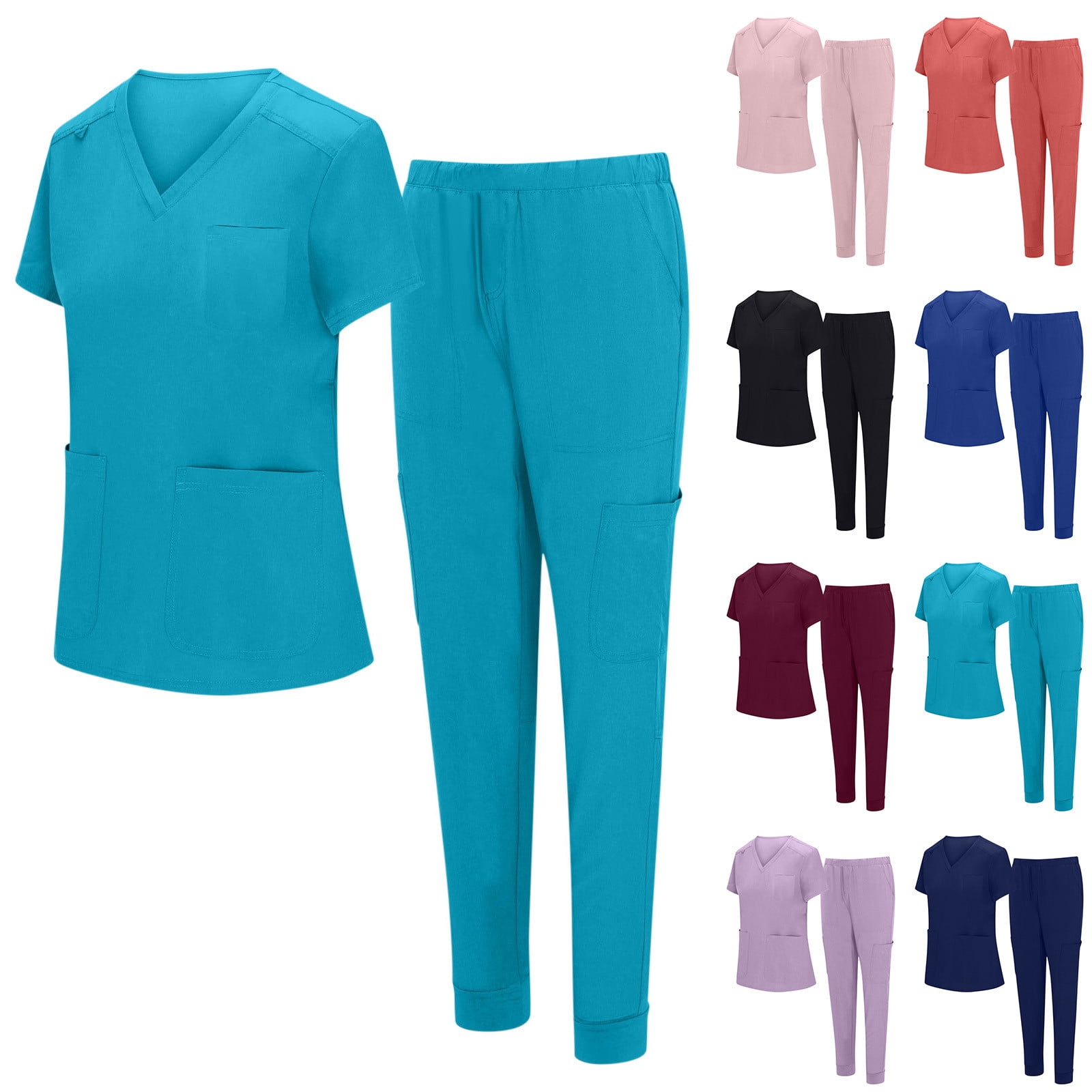 Axiiglly Scrubs for Women Set V Neck Scrub Tops Elastic Waist Jogger Pants with Pockets 2 Piece ...