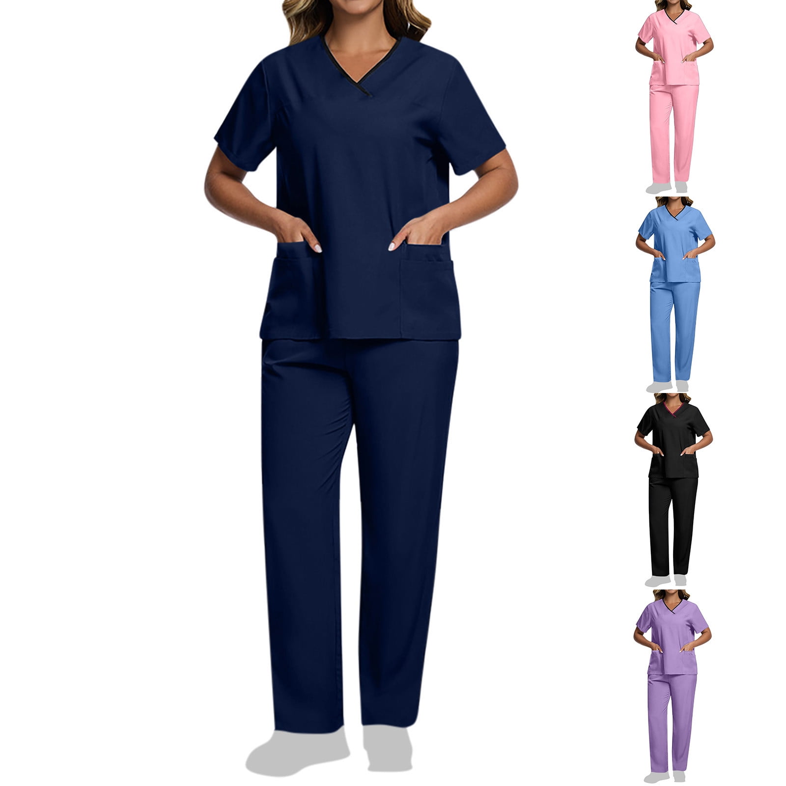 Axiiglly Scrubs for Women Set V Neck Scrub Tops Elastic Waist Jogger Pants with Pockets 2 Piece ...