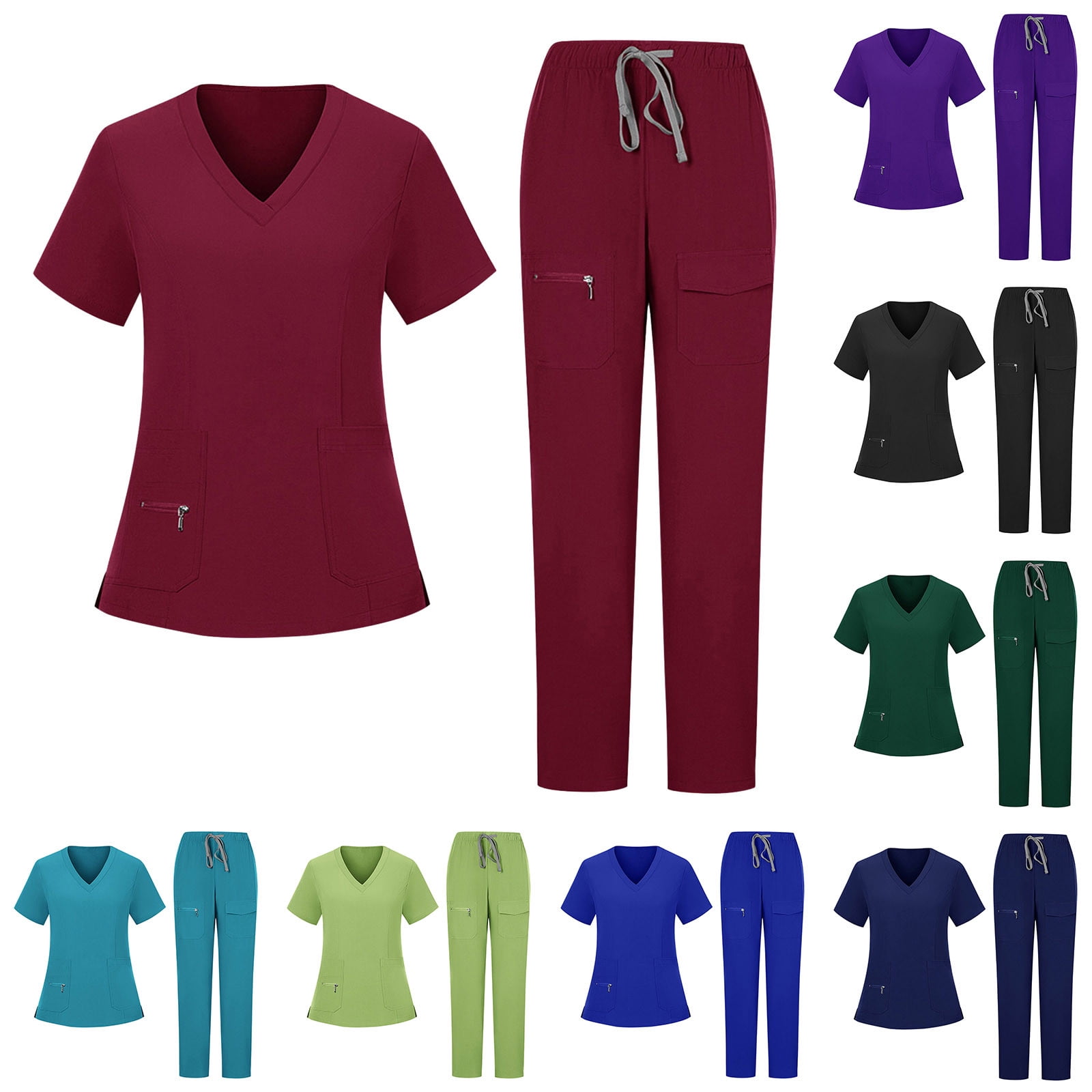 Axiiglly Scrubs for Women Set V Neck Scrub Tops with Zipper Pockets Elastic Waist Drawstrings ...