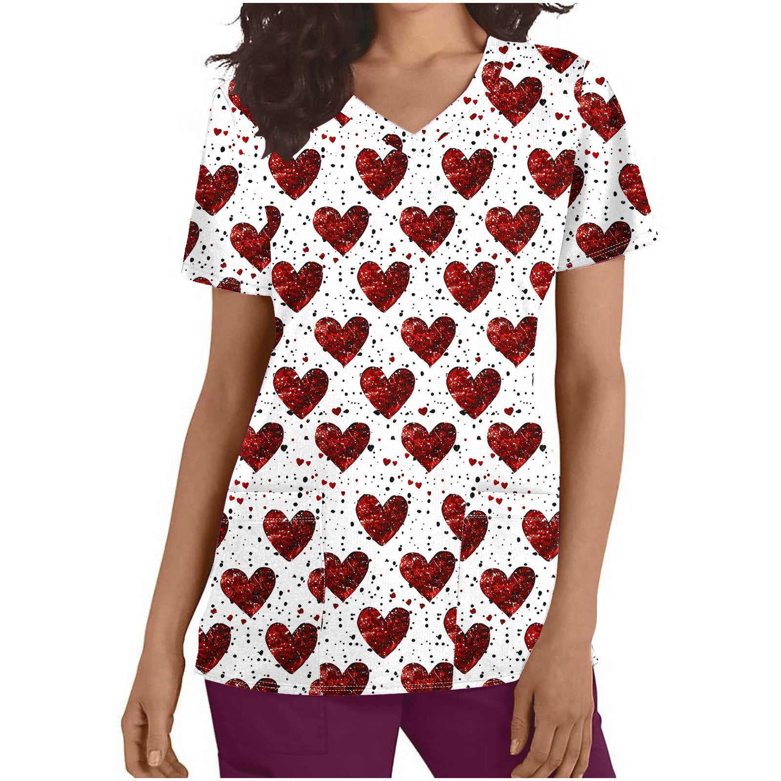 Axiiglly Scrubs for Women Valentine's Day Nursing Tops Casual V Neck ...