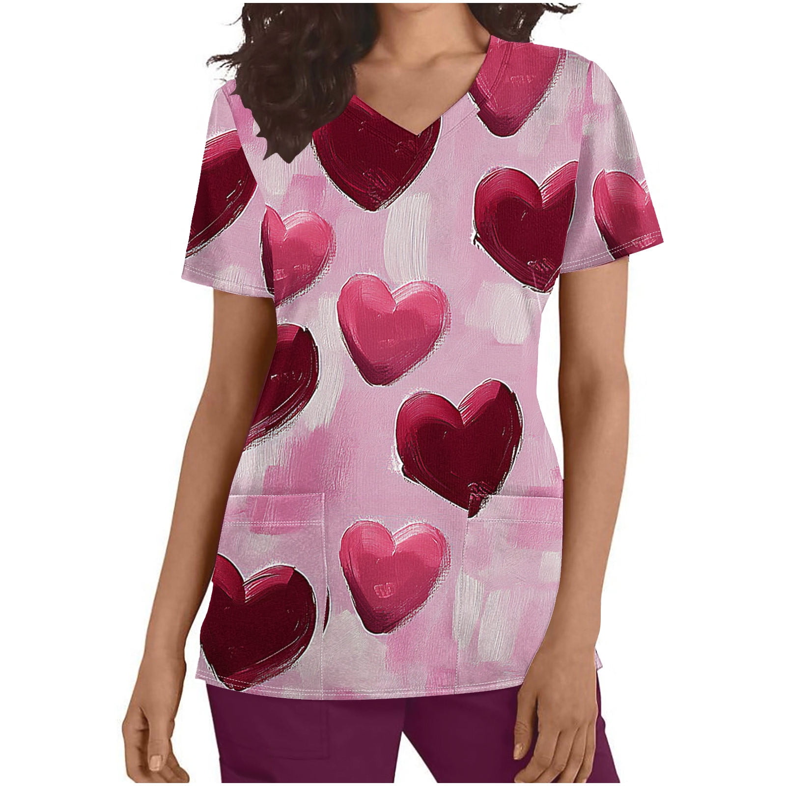Axiiglly Scrubs For Women Valentines Day V Neck Scrub Tops Casual Short Sleeve Nursing Tops