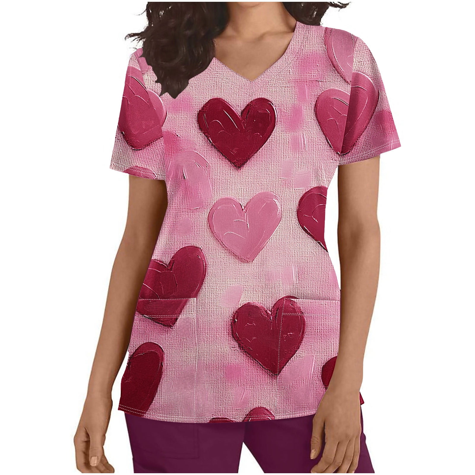 Axiiglly Scrubs for Women Valentine's Day V Neck Scrub Tops Casual ...