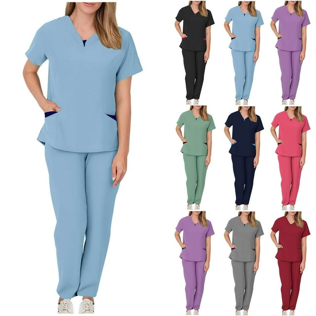 Axiiglly Scrubs for Women Set V Neck Scrub Tops with Pockets Elastic Waist Uniform Pants Soft ...