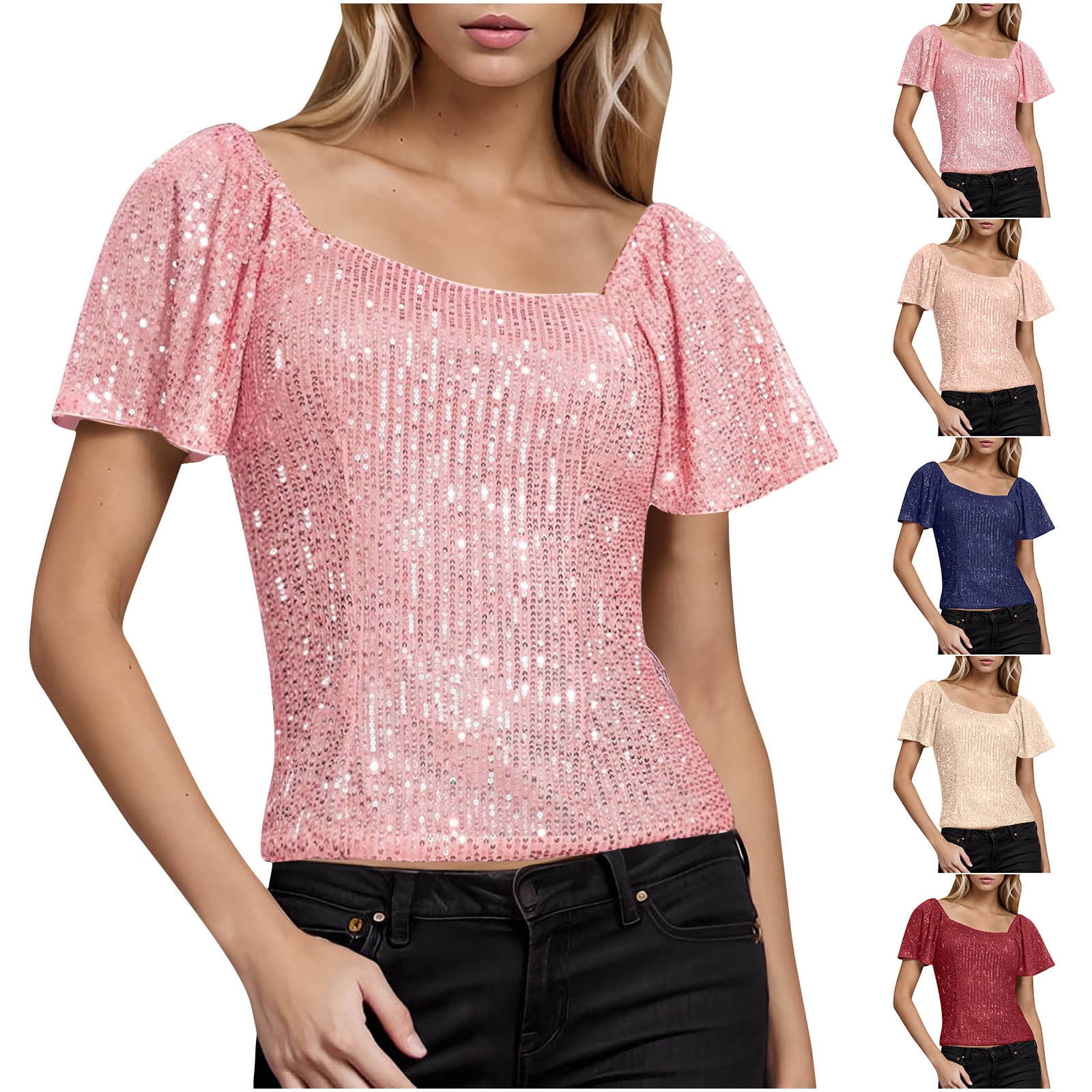 Axiiglly Sequin Tops for Women Square Neck Sparkly Tops Short Sleeve ...