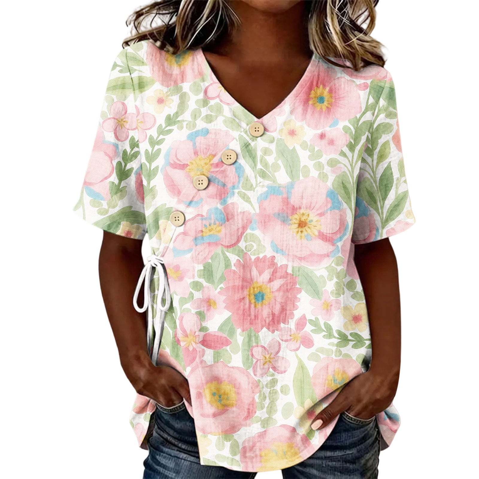 Axiiglly Short Sleeve Tops for Women 2026 Summer Floral V Neck Fashion ...