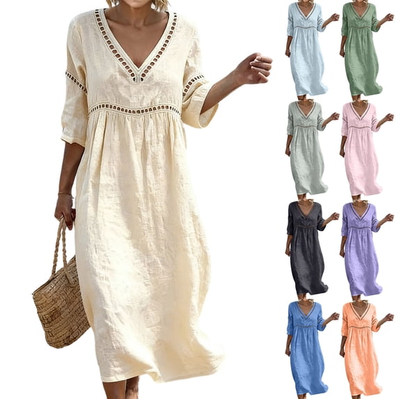 Axiiglly Summer Dresses for Women 2026 Cotton Linen V Neck Half Sleeve ...
