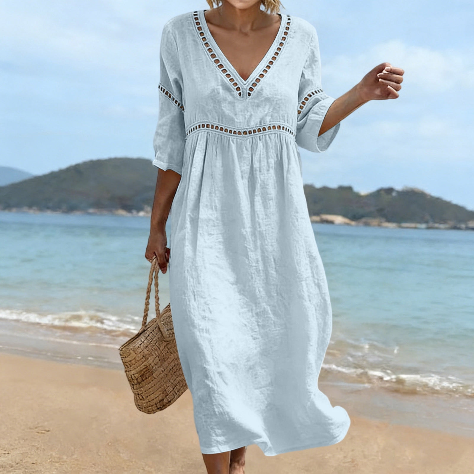 Axiiglly Summer Dresses for Women 2026 Cotton Linen V Neck Half Sleeve ...