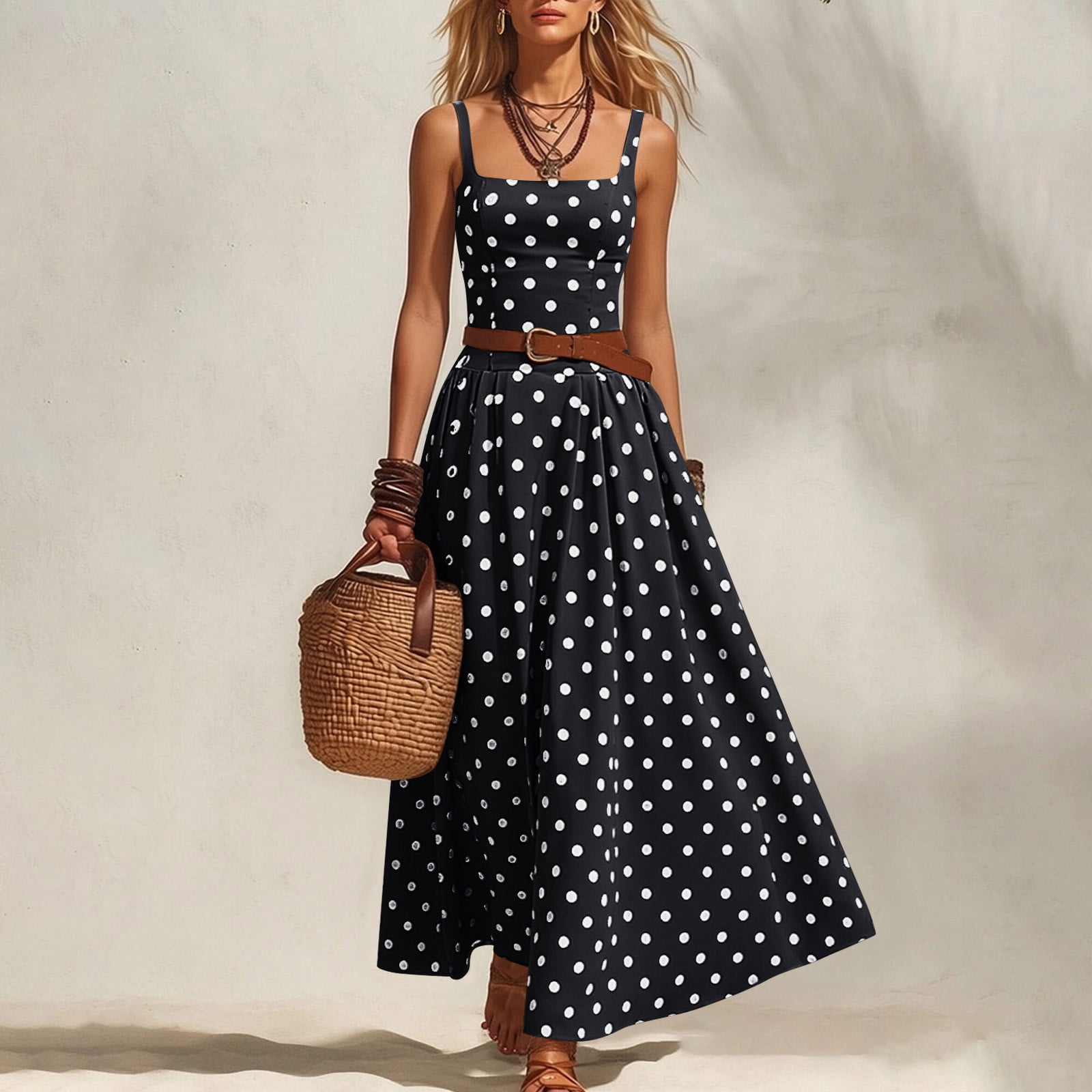 Axiiglly Summer Dresses for Women Polka Dot Spaghetti Sleeveless A Line ...