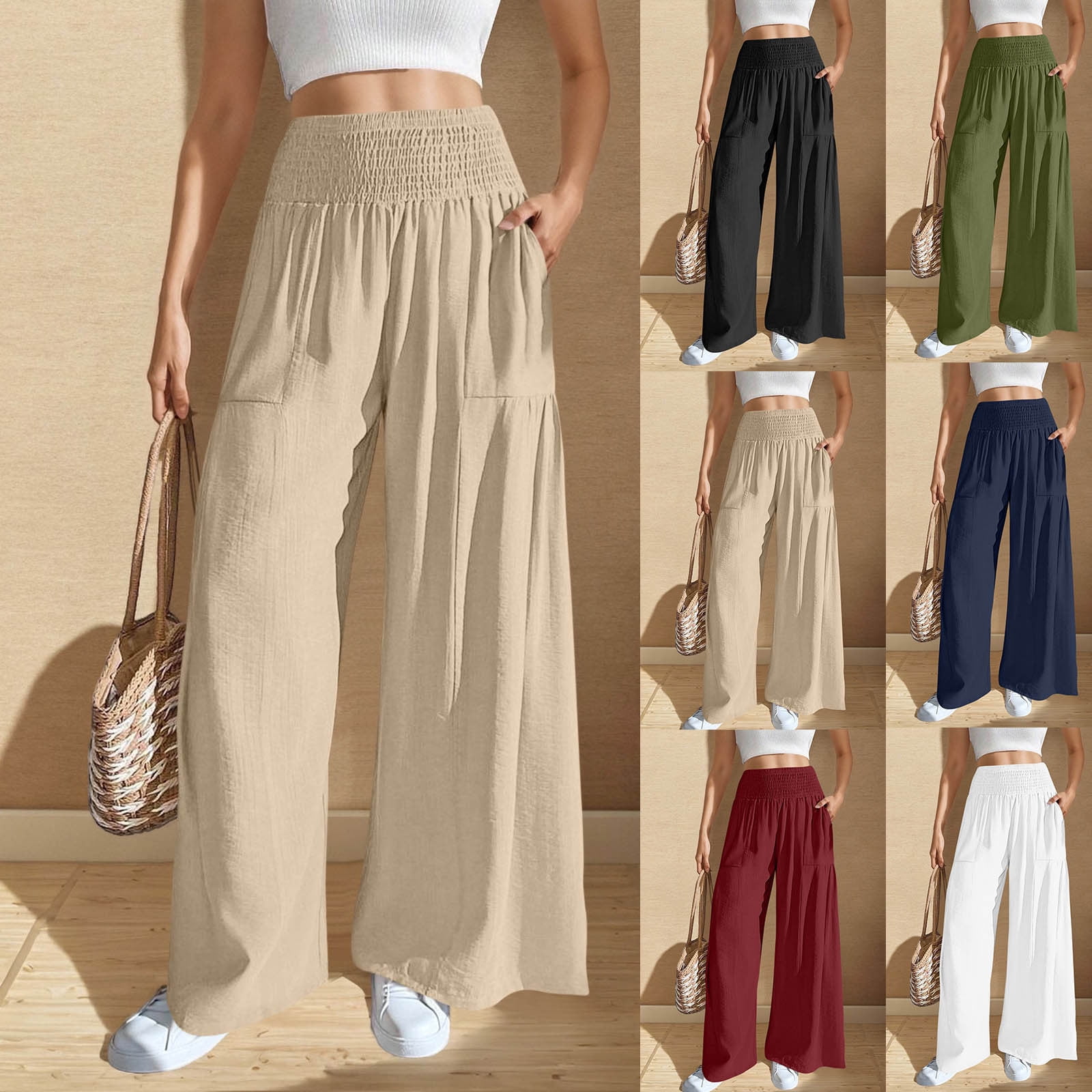 Axiiglly Summer Pants for Women Solid Color High Waist Pants Stretchy Baggy Casual Boho Pant ...