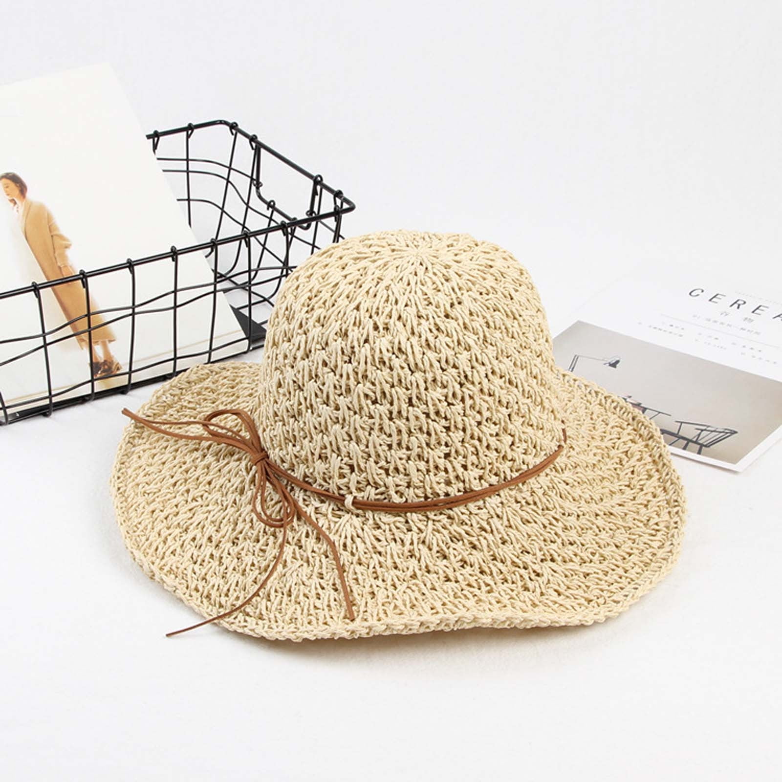Axiiglly Sun Hats for Women Wide Brim Straw Hat String Roll Up Weave ...