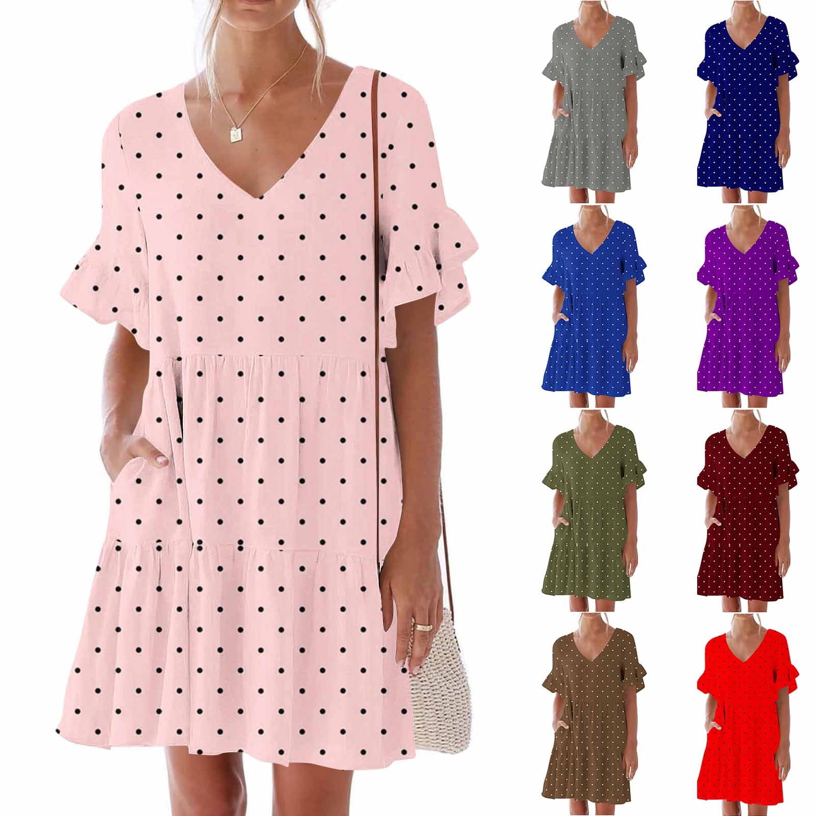 Horkkom Sundresses for Women V Neck Short Sleeve Loose Mini Dresses ...