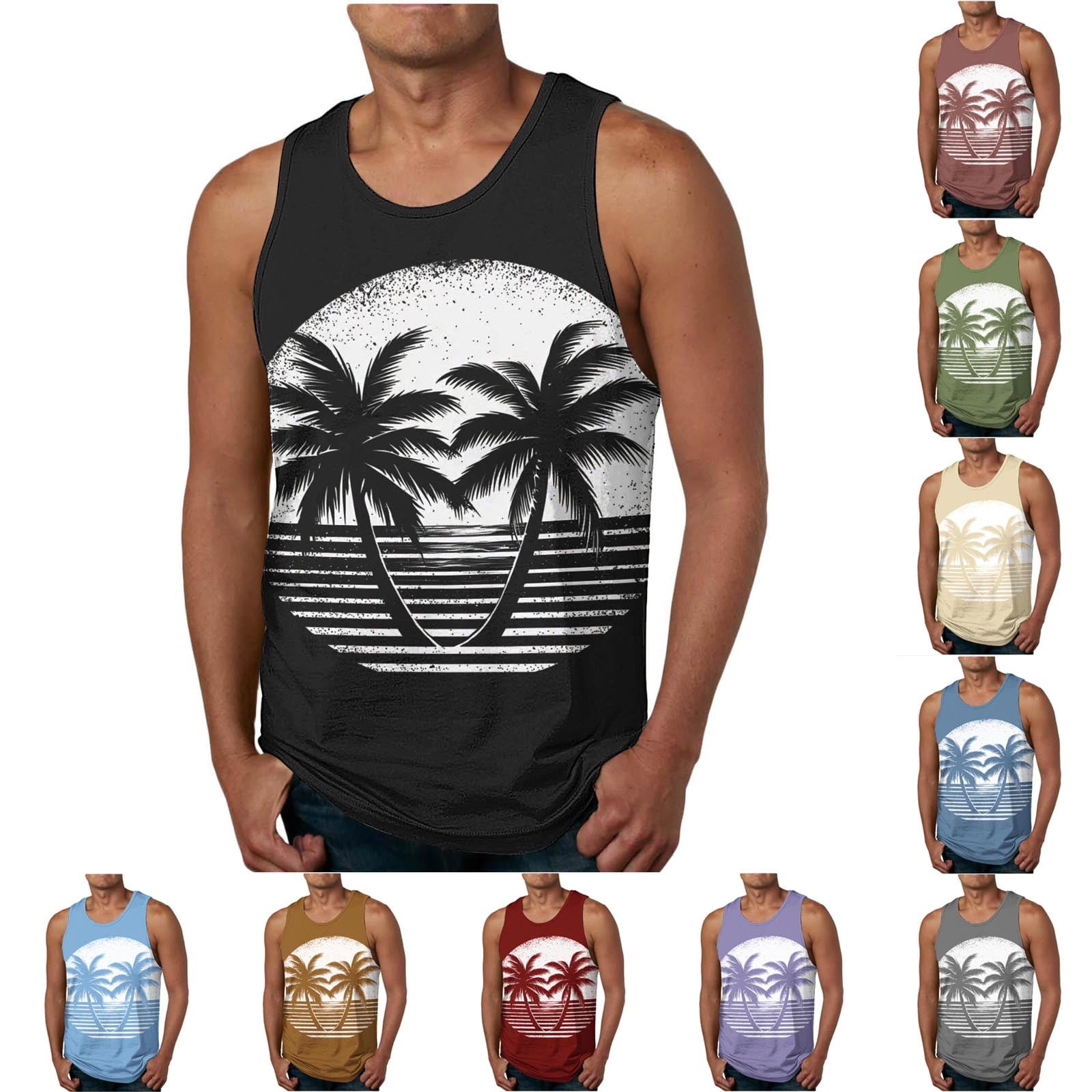 Axiiglly Tank Tops for Men Summer Palm Printed Beach Tank Tops Crew Neck Sleeveless Undershirts ...