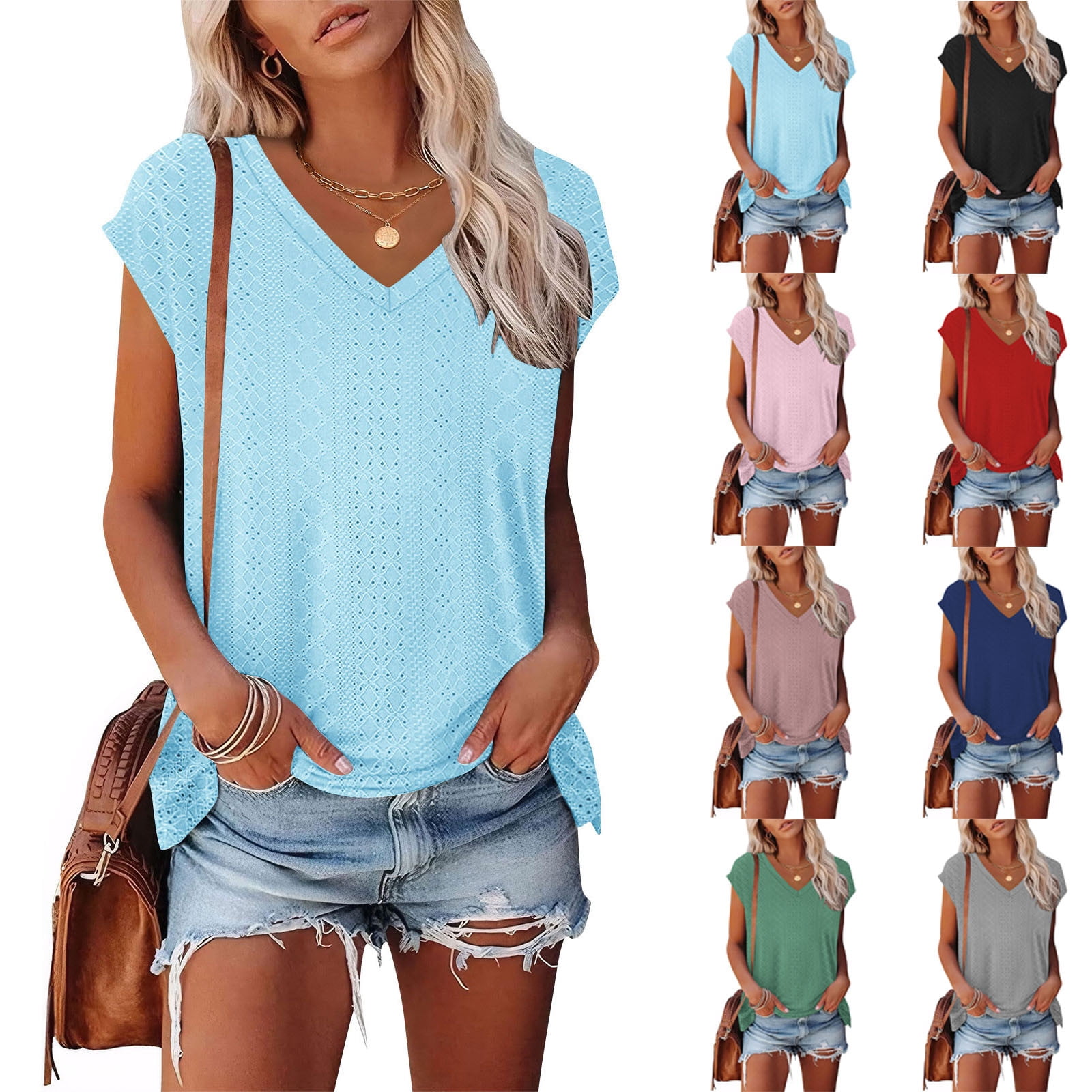 Axiiglly V Neck T Shirts for Women Solid Color Summer Shirts Short ...