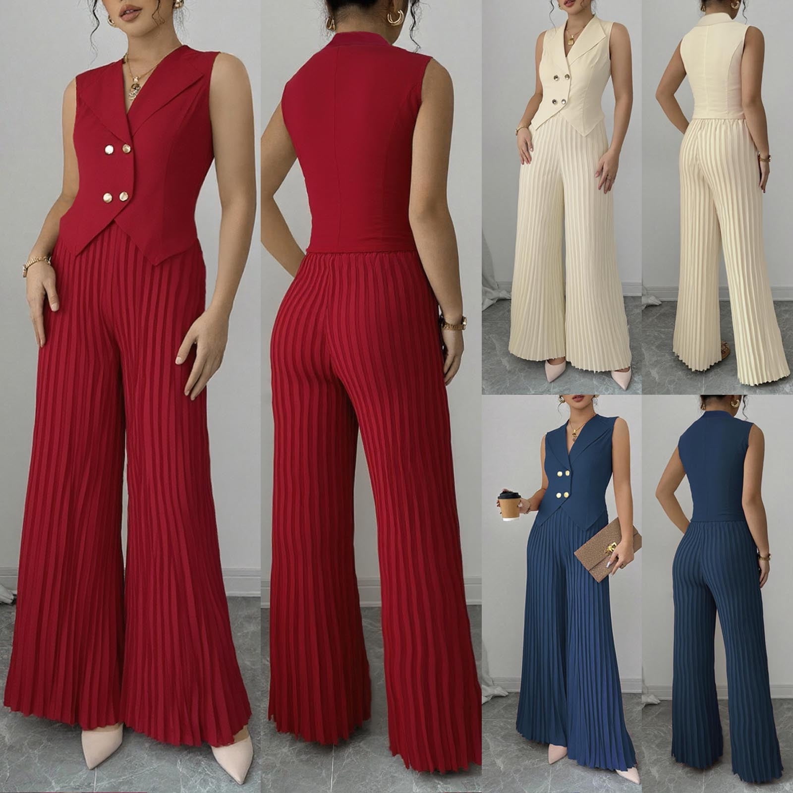 Axiiglly Vest Sets Women 2 Piece Outfits Business Casual Button Down Suit Vest Lapel Collar Crop ...