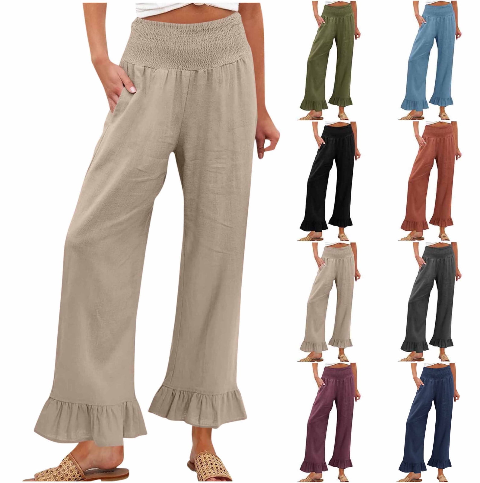 Axiiglly Wide Leg Pants Woman Ruffle Hem High Waisted Pants Summer Casual Boho Loose Flowy Pants ...