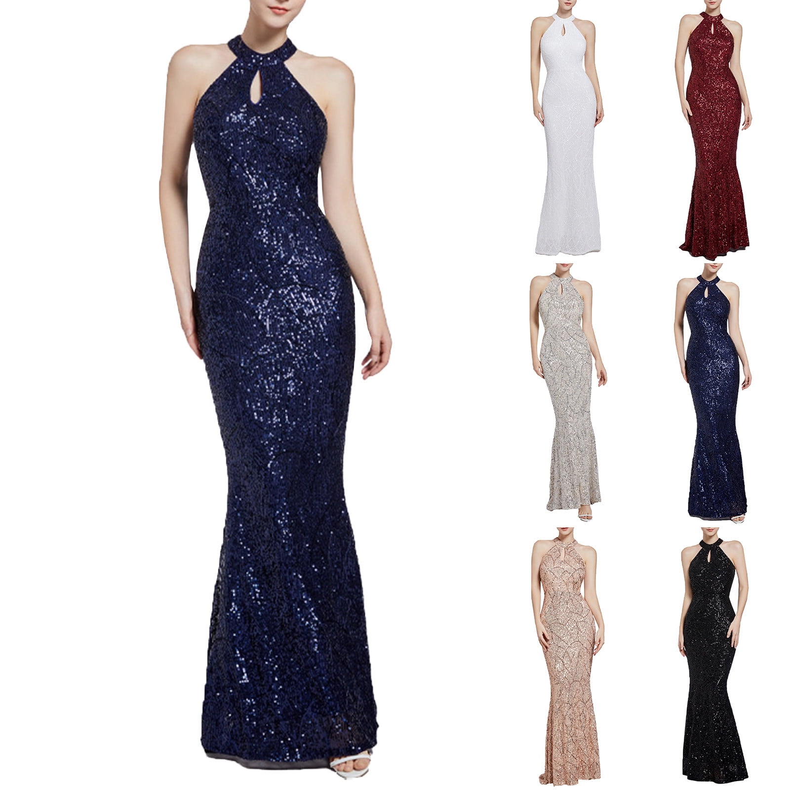 Axiiglly Women Prom Dress Halter Neck Evening Gowns Sleeveless Sequin ...