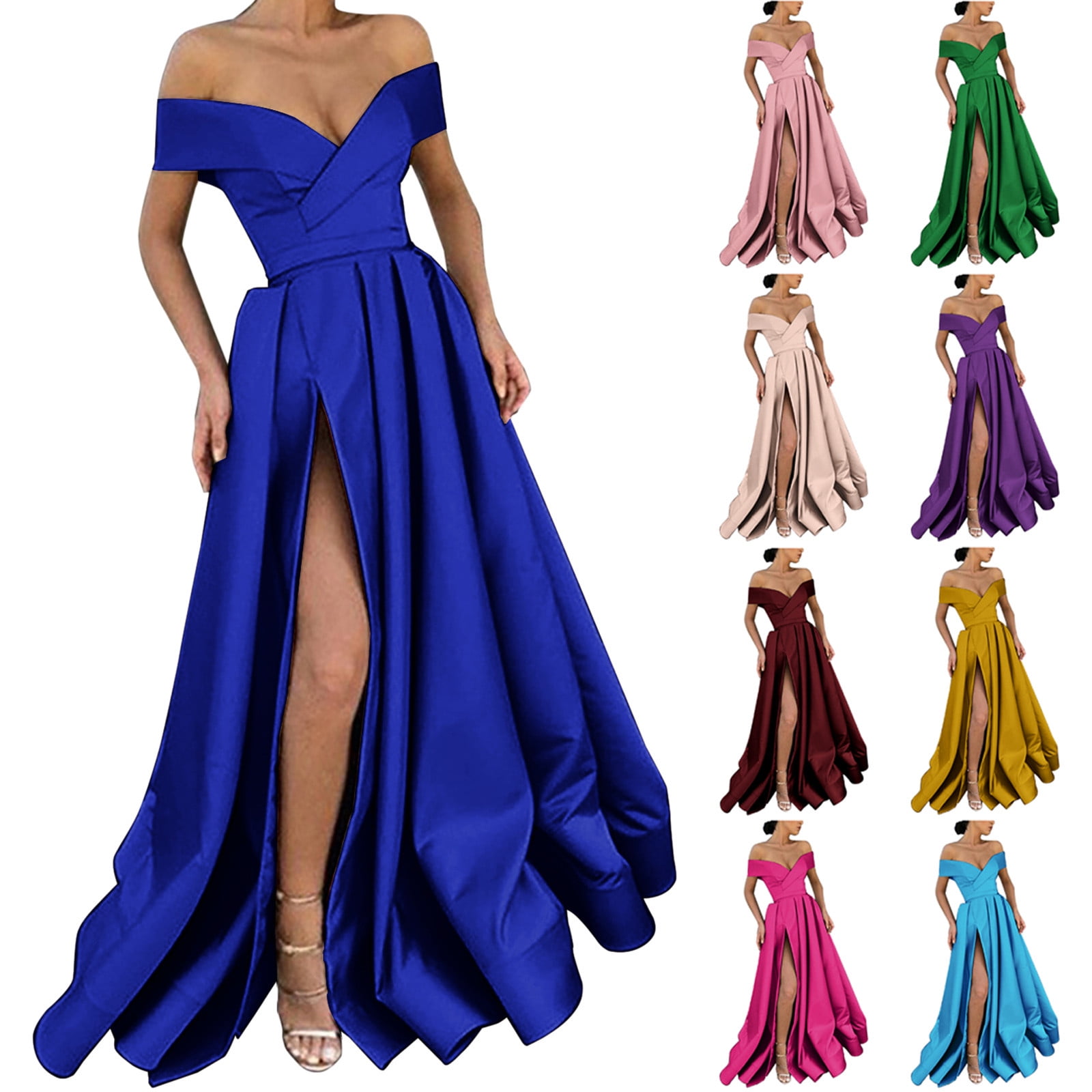 Axiiglly Women Prom Dress Off Shoulder Satin Dresses V Neck Ruched Hem ...