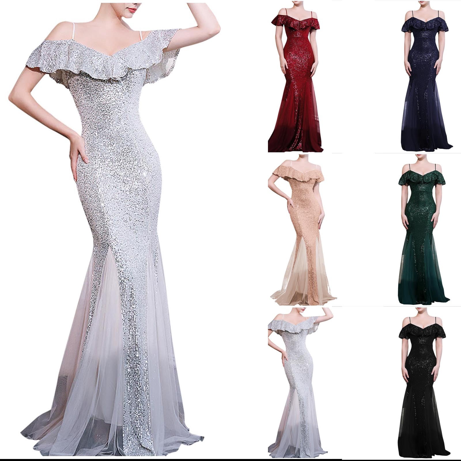 Axiiglly Women Prom Dress Sequin Tulle Evening Party Dress Sphagetti ...
