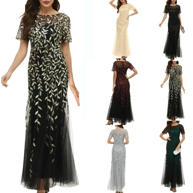 Axiiglly Women Prom Dress Short Sleeve formal Evening Gown Dress Crew ...