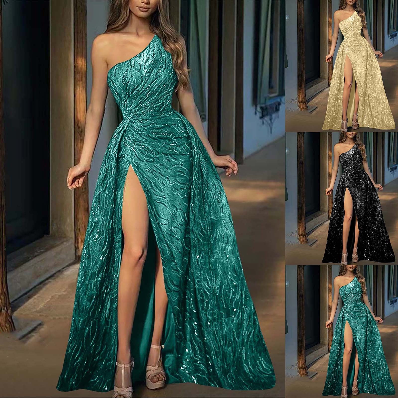 Axiiglly Women Prom Dress Sparkly Sequins Maxi Dresses One Shoulder ...