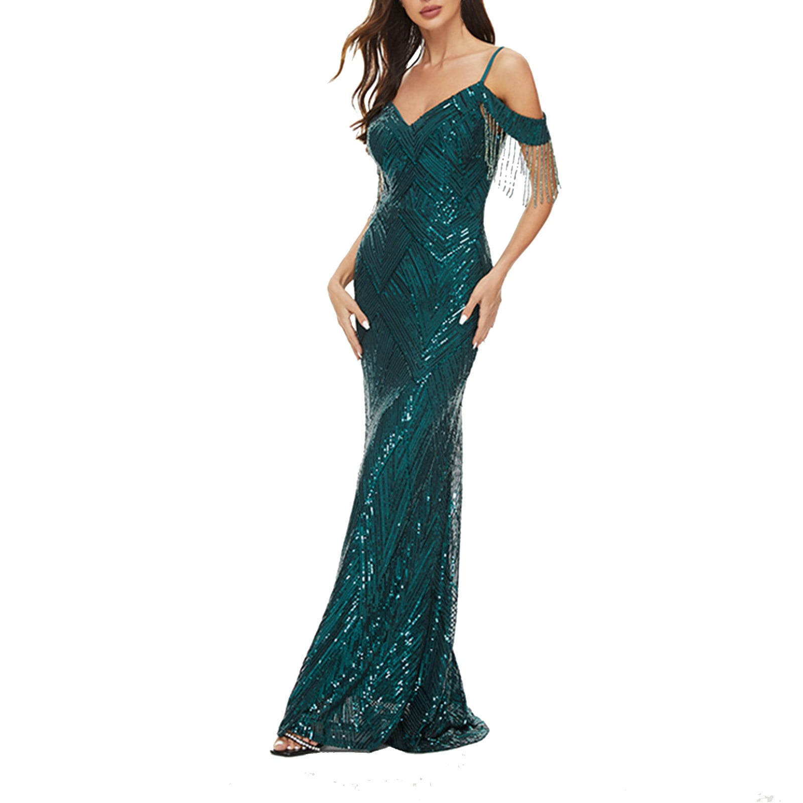 Axiiglly Women Prom Dress V Neck Off Shoulder Sequin Dresses Spaghetti ...