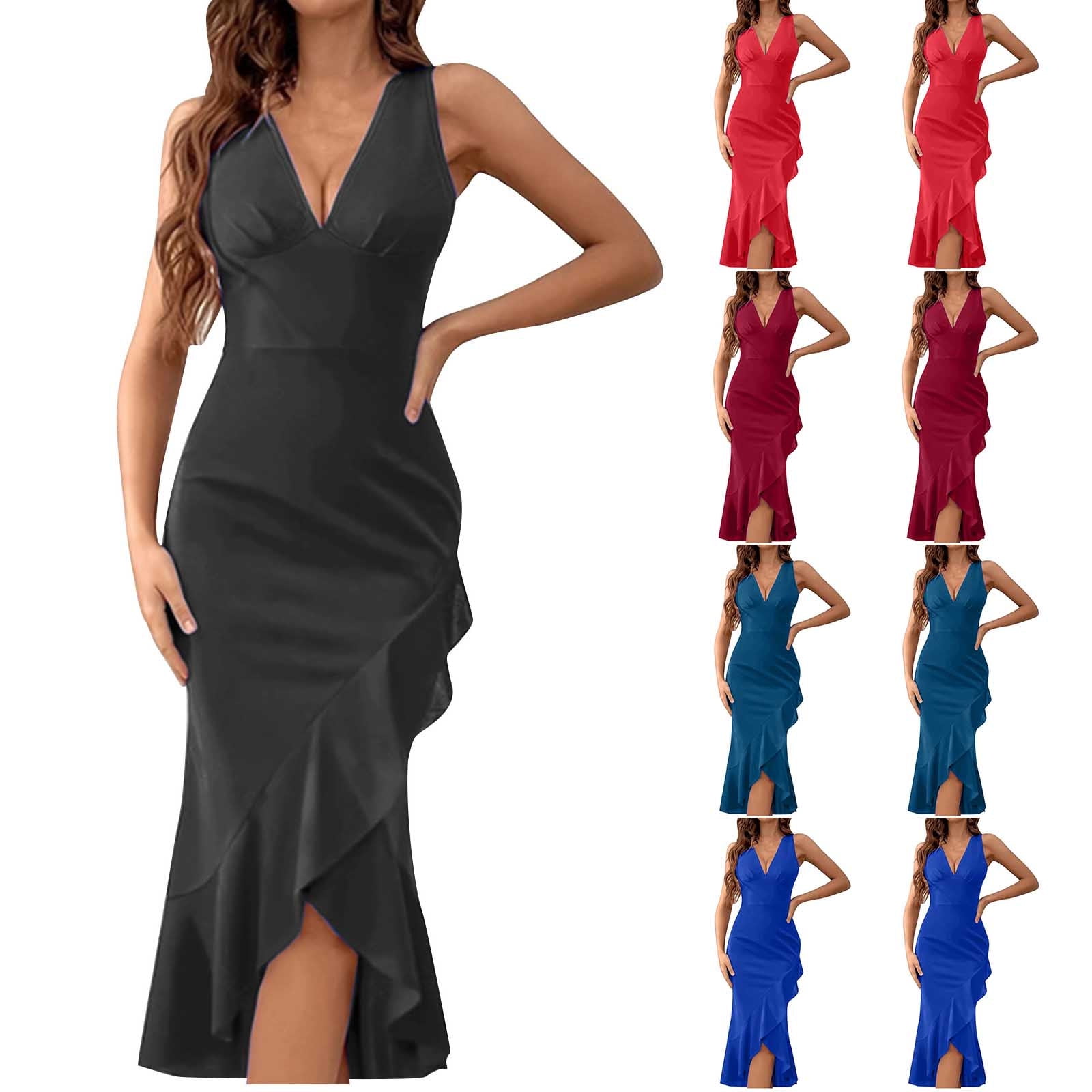 Axiiglly Women Prom Dress V Neck Sleeveless Bodycon Maxi Dress Split ...